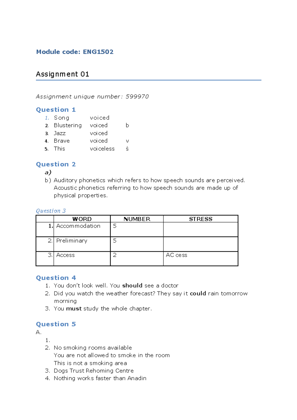 Assignment 01 - Module code: ENG Assignment 01 Assignment unique number: 599970 Question 1 1 ...