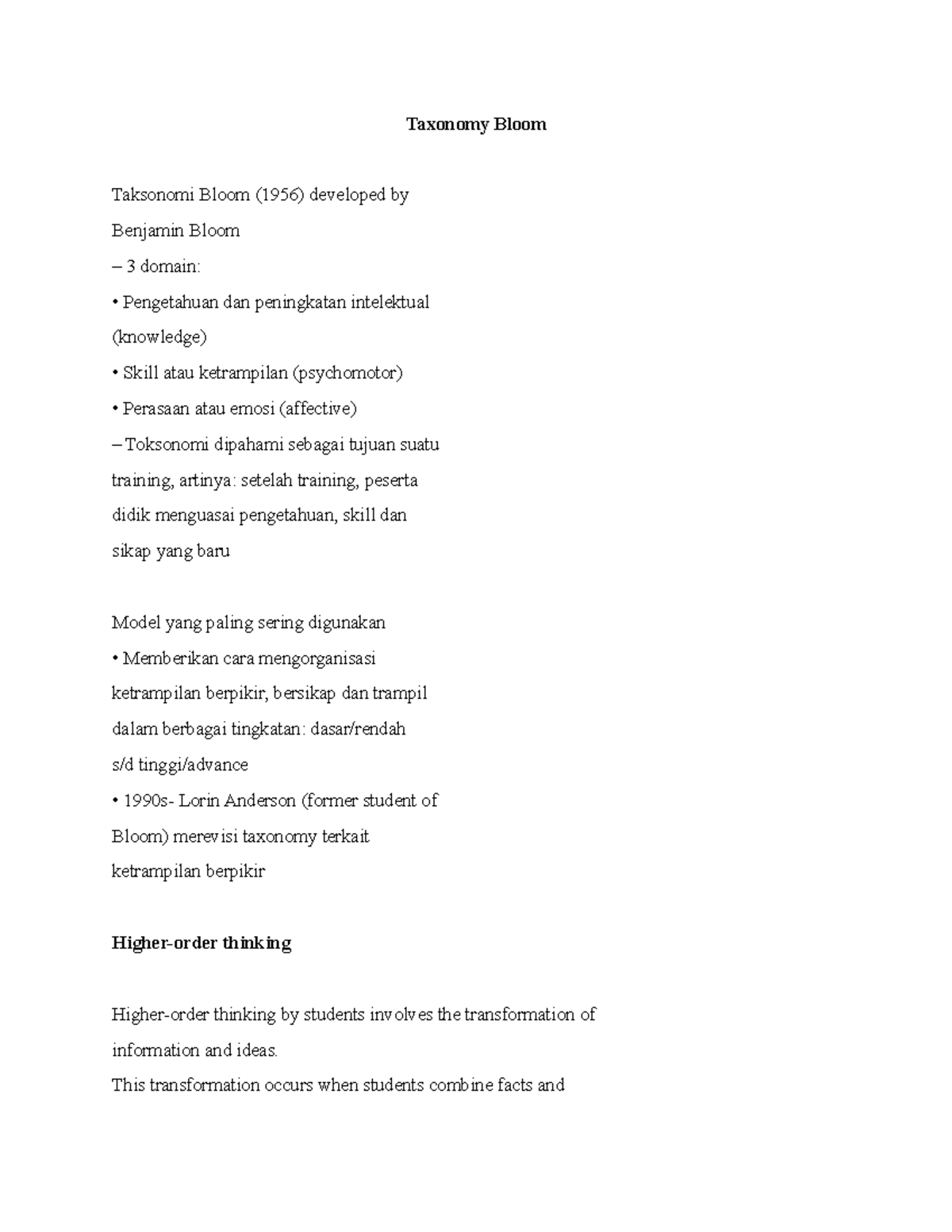 Taxonomy Bloom - Taxonomy Bloom Taksonomi Bloom (1956) developed by ...