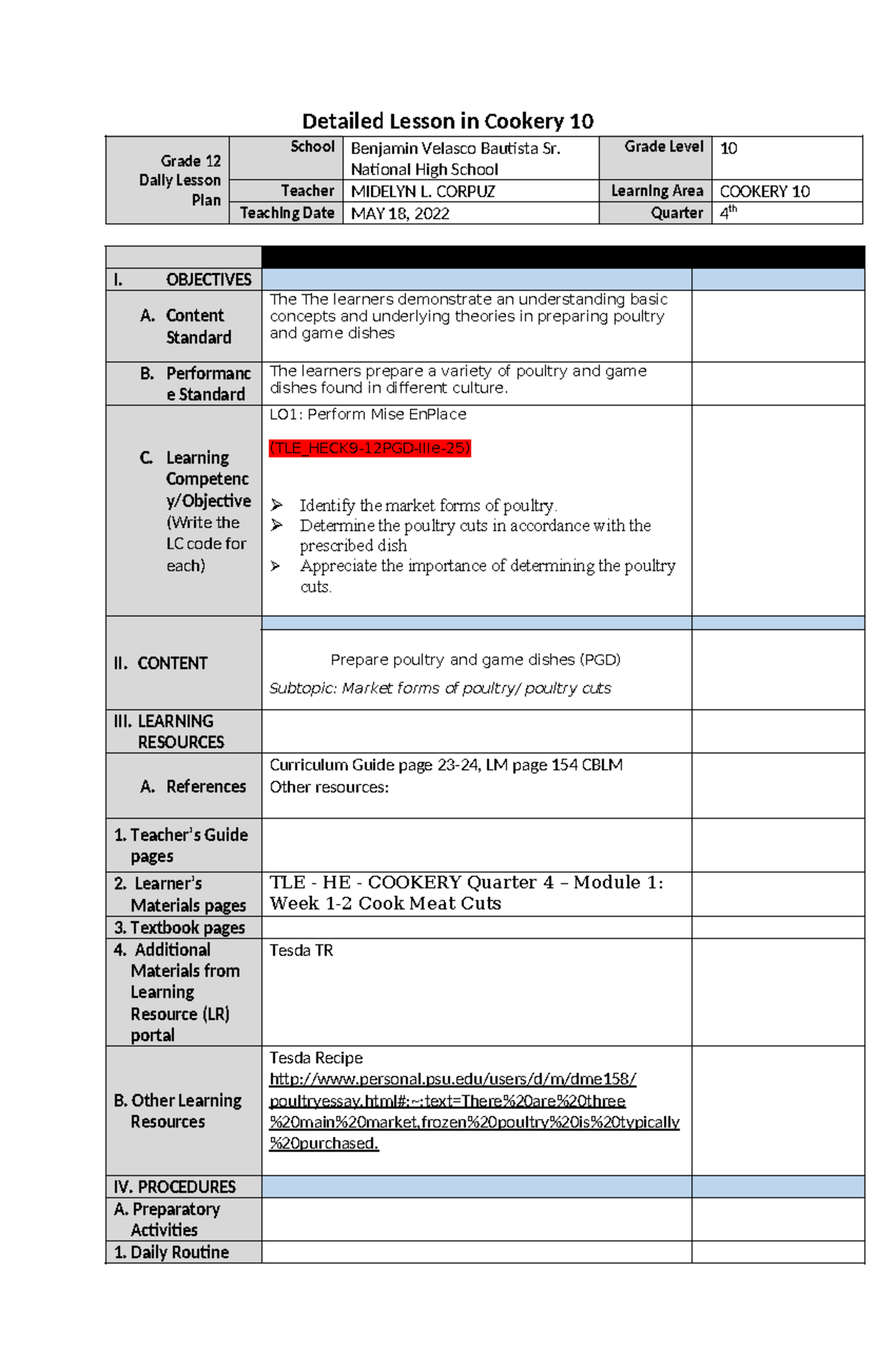 DLP cookery 10- COT 2 - you can use this for Classroom observation ...
