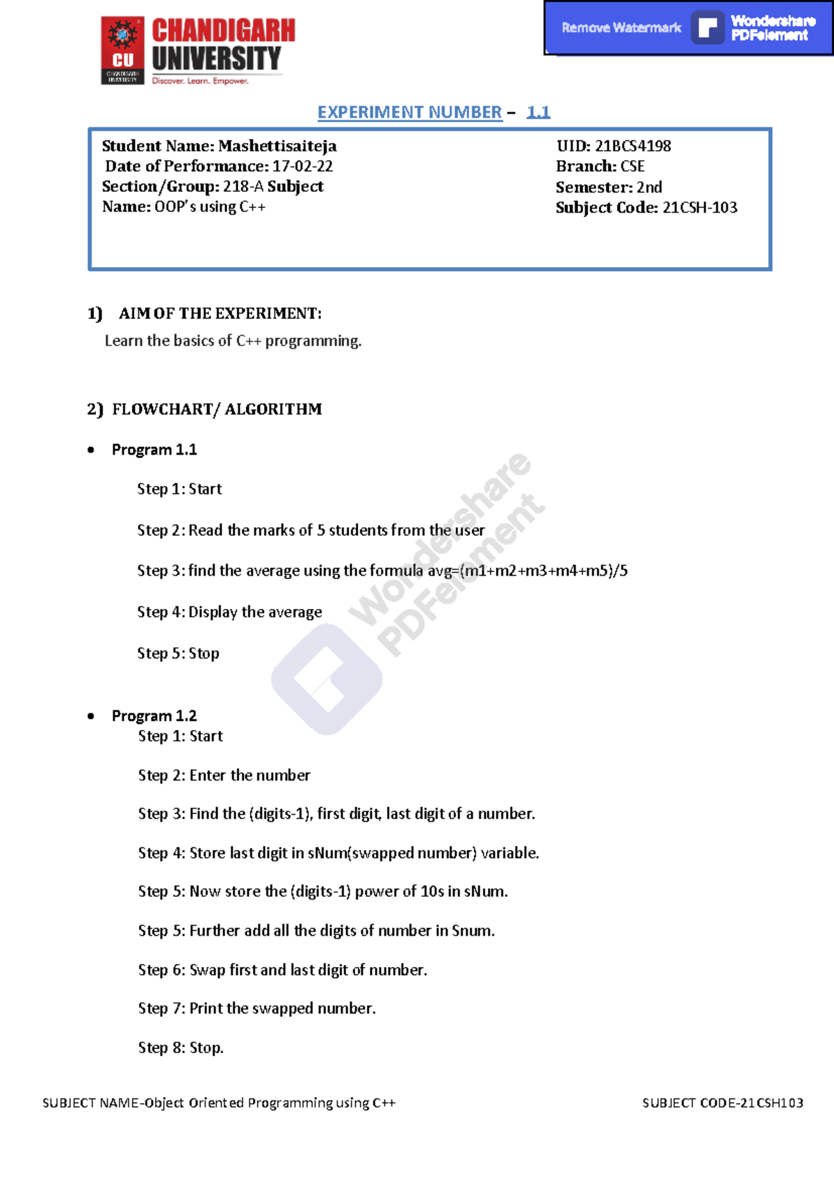 OOP's 1.1 saiteja mashetti - EXPERIMENT NUMBER – 1) OF THE EXPER OFEXPERIMENT – 2) FLOWCHART ...