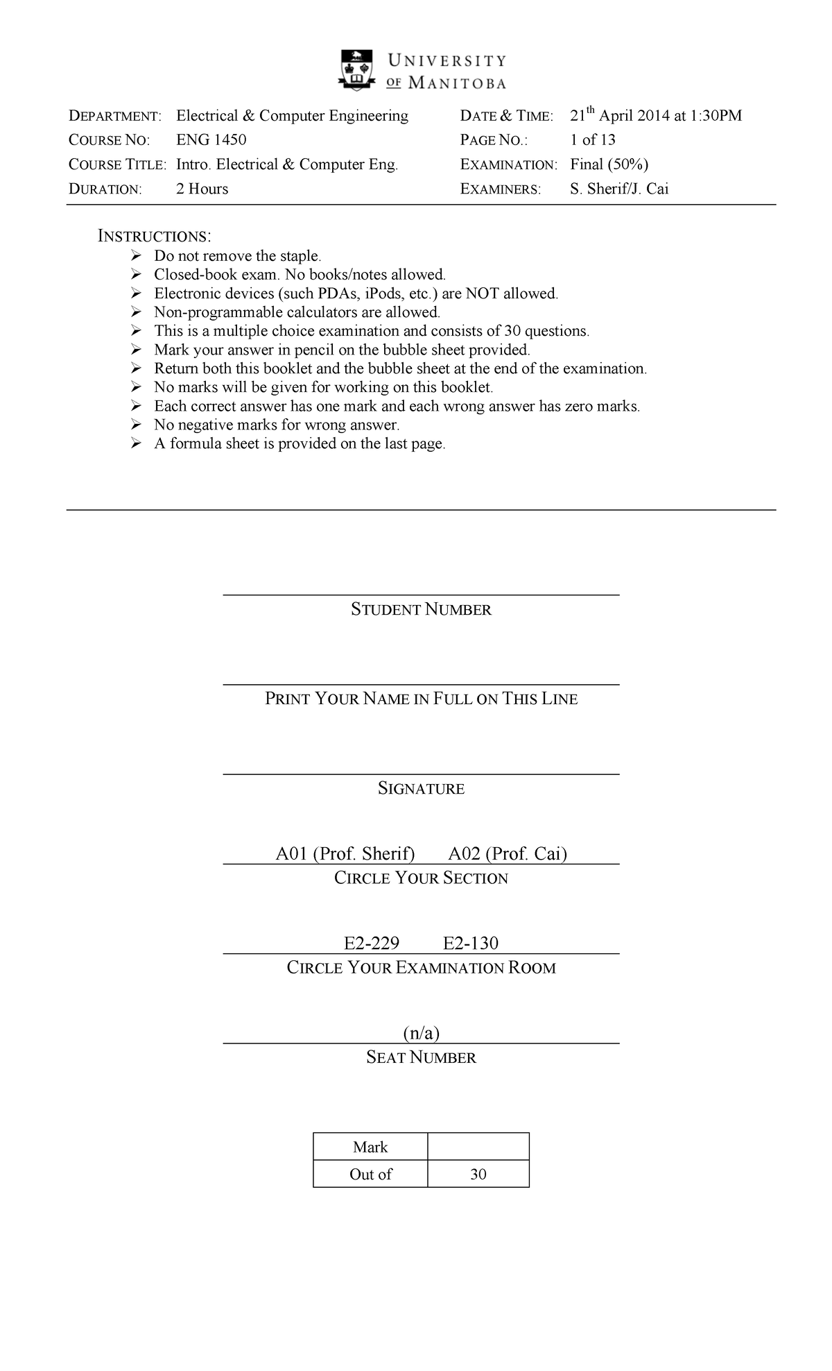 Final Exam 2014 Winter Introduction To Electrical And Computer Engineering Practice Test For
