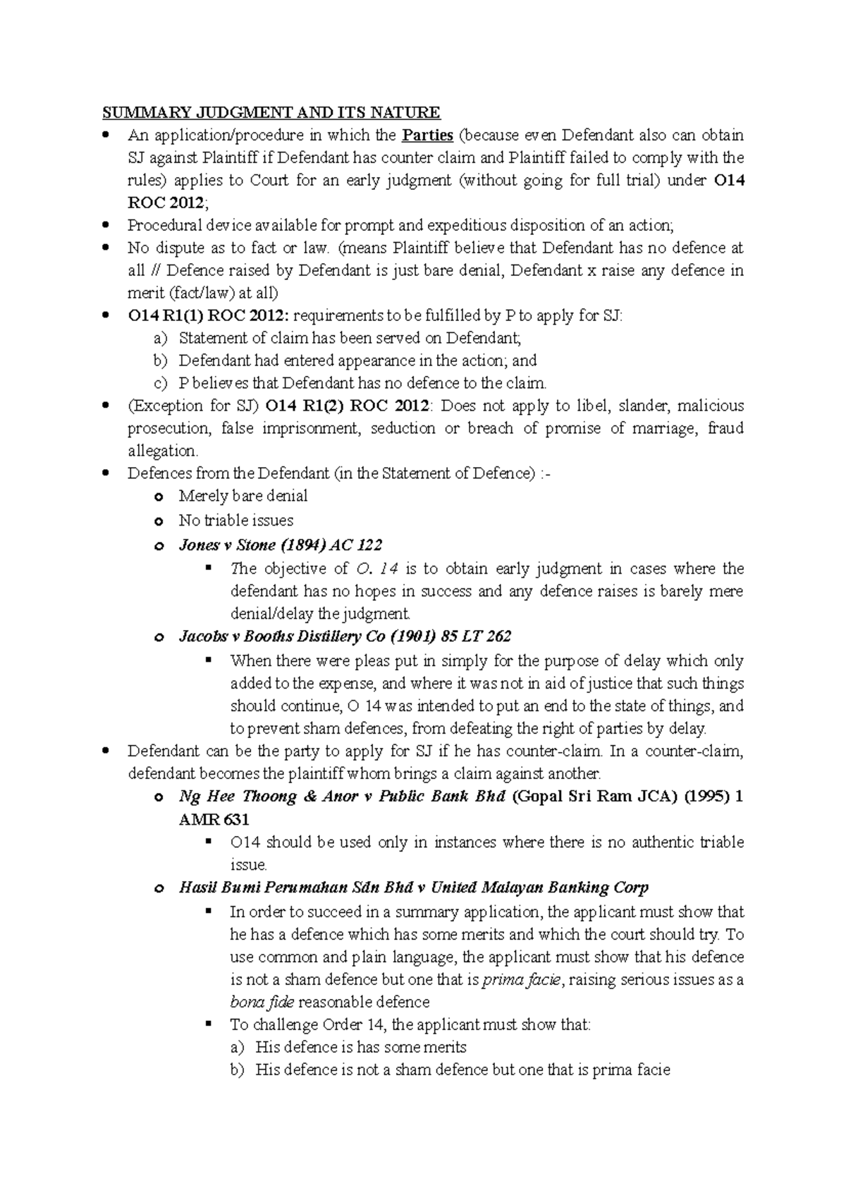 Summary Judgment - notes - SUMMARY JUDGMENT AND ITS NATURE An ...