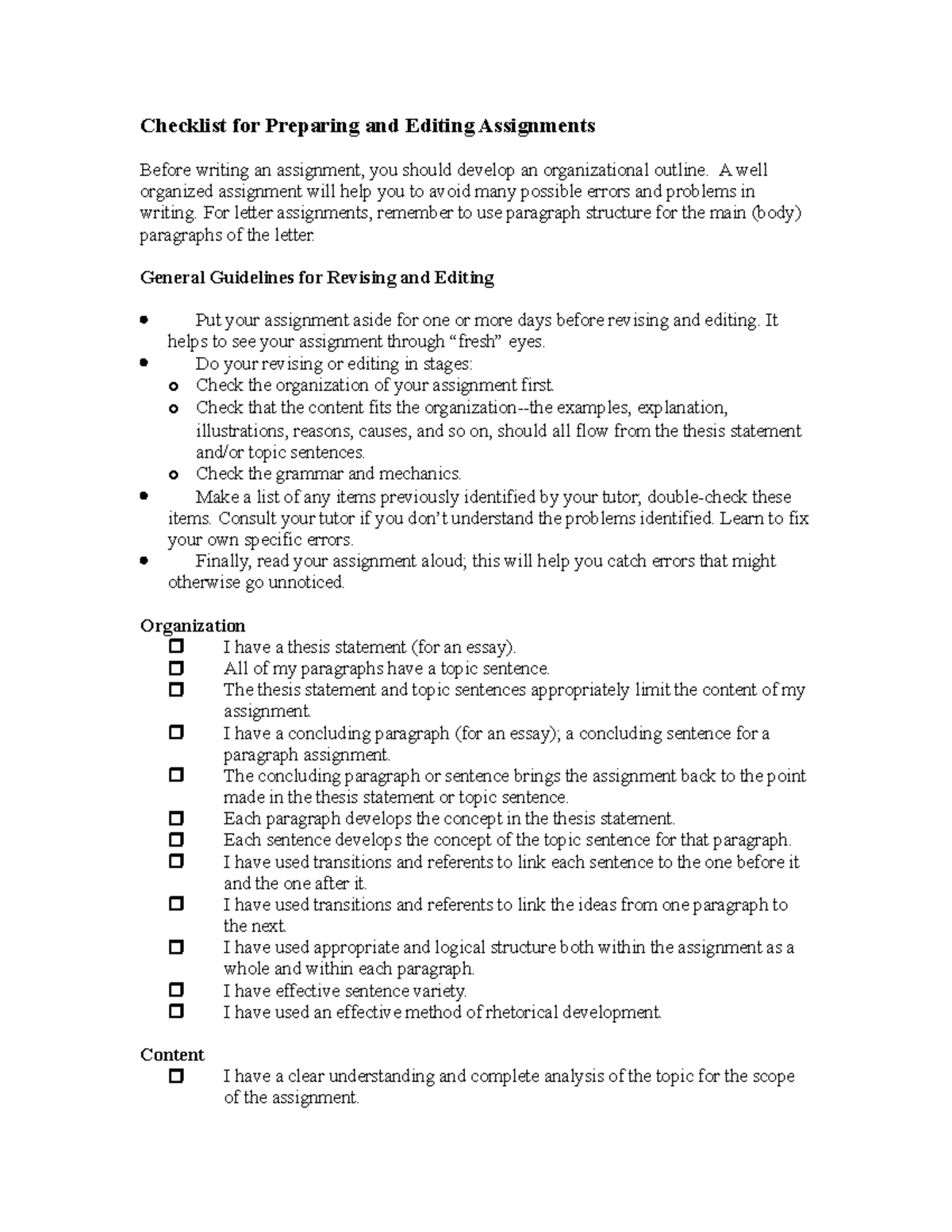 Submission checklist for all assignments - Checklist for Preparing and ...
