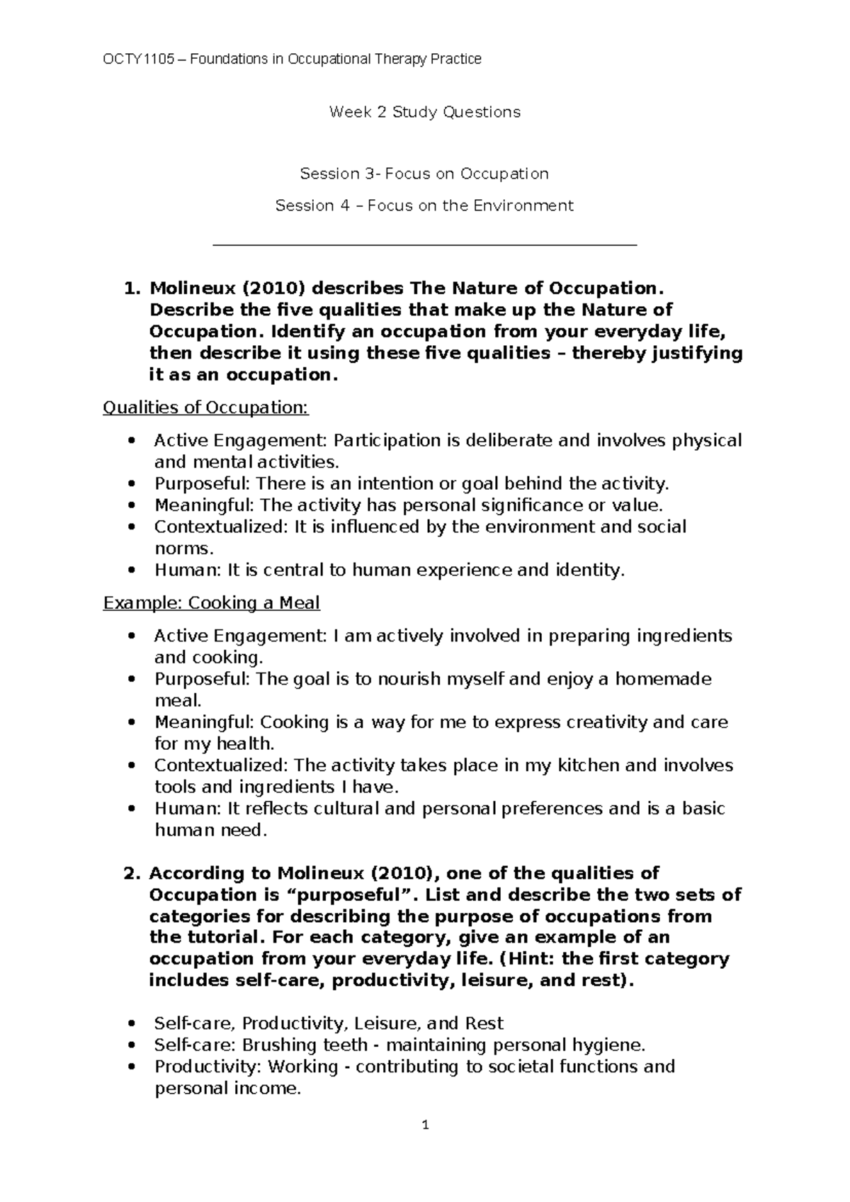 Week 2 study questions - Week 2 Study Questions Session 3- Focus on Occupation Session 4 – Focus ...