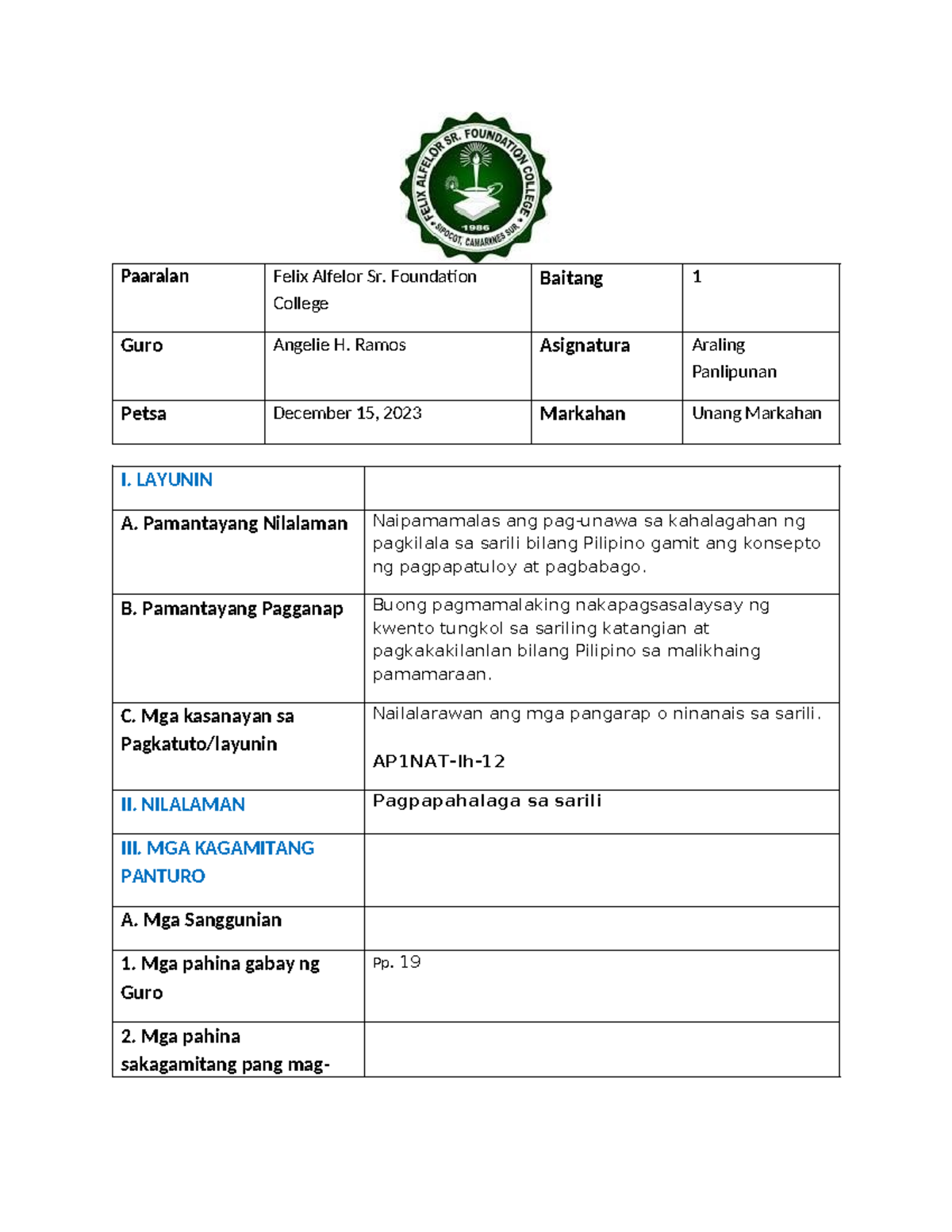 AP lesson Plan - Paaralan Felix Alfelor Sr. Foundation College Baitang ...