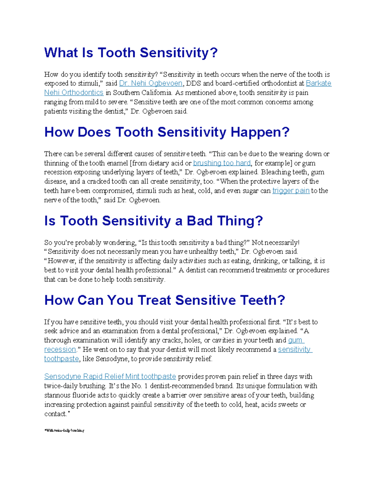 What Is Tooth Sensitivity - Nehi Ogbevoen, DDS and board-certified ...