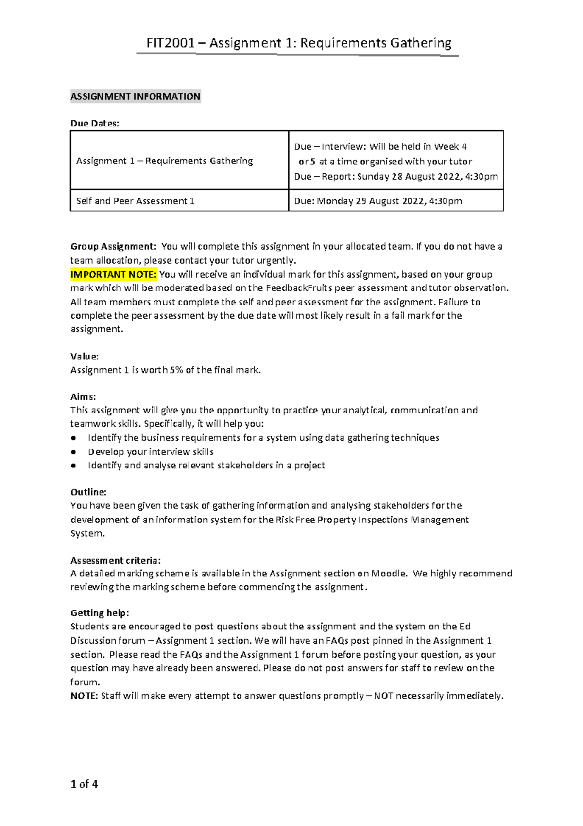 FIT2001 Assignment 1 - ASSIGNMENT INFORMATION Due Dates: Assignment 1 ...