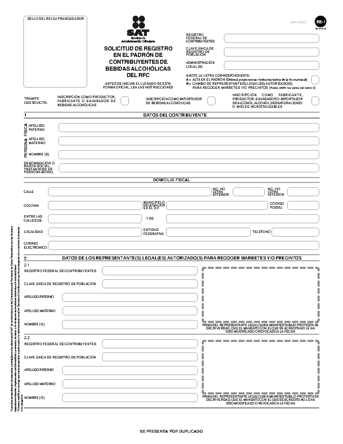 Formato R1 - Editable - ANVERSO RE- SOLICITUD DE REGISTRO EN EL PADRÓN ...