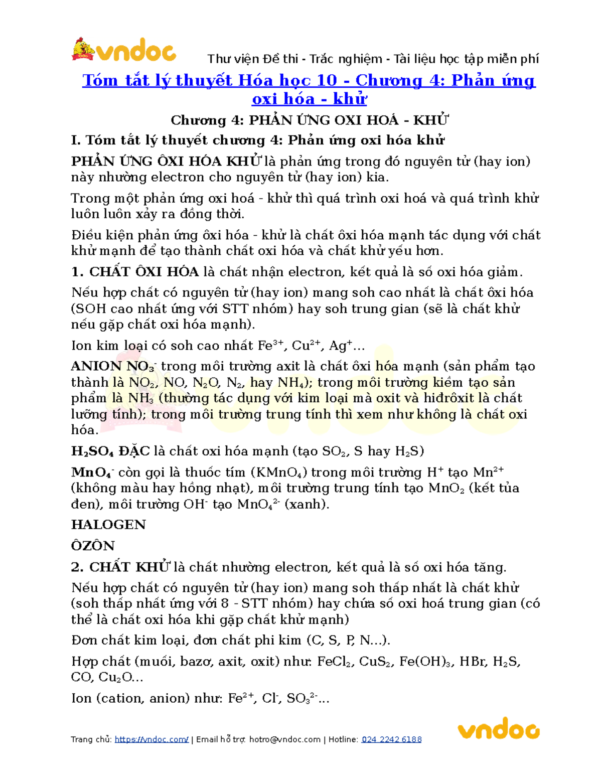Tom tat ly thuyet hoa hoc 10 chuong 4 phan ung oxi hoa khu - Tóm tắt lý thuyết Hóa học 10 ...