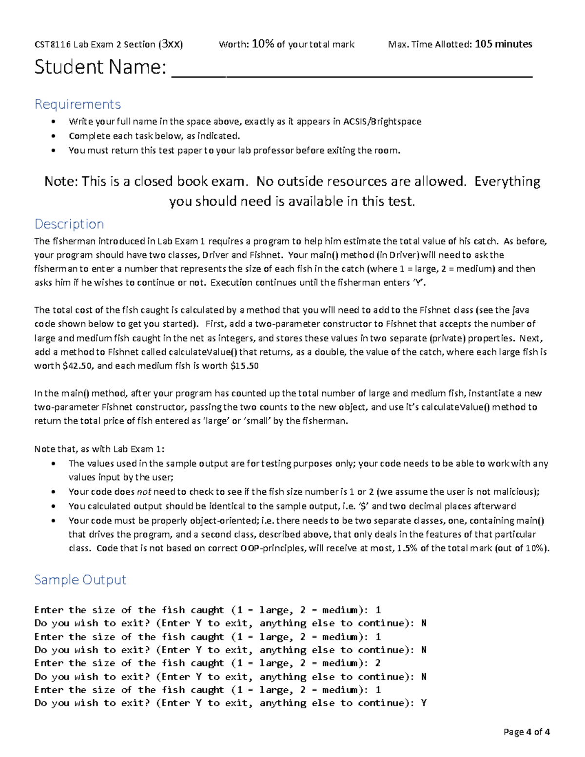 Cst8116 Practice Lab Exam 2 Cst8116 Lab Exam 2 Section 3xx Worth 10 Of Your Total Mark Max