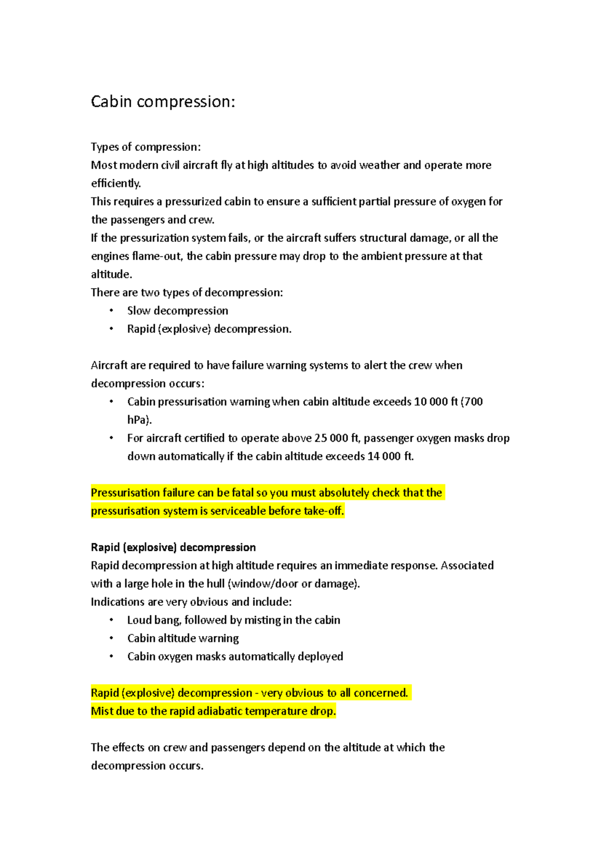 Cabin compression - Notes for the subject - Cabin compression: Types of ...