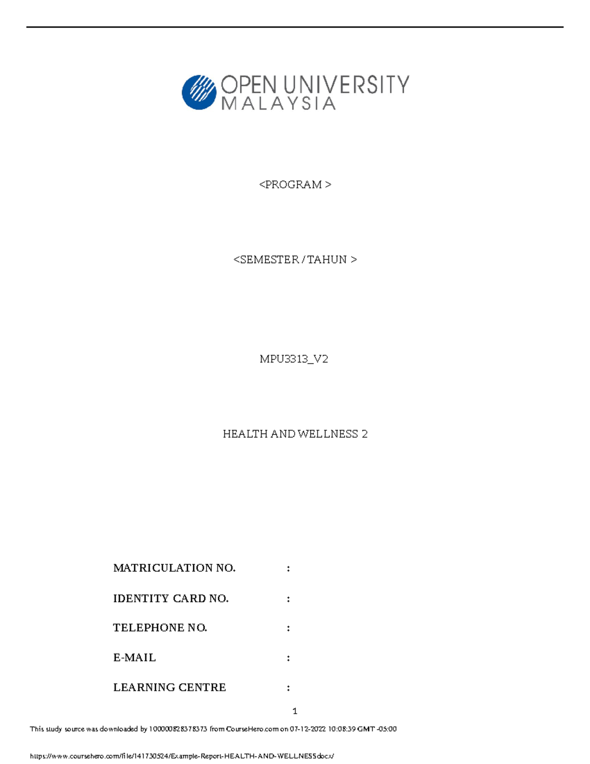 Example Report Health AND Wellness - MPU3313_V HEALTH AND - Studocu