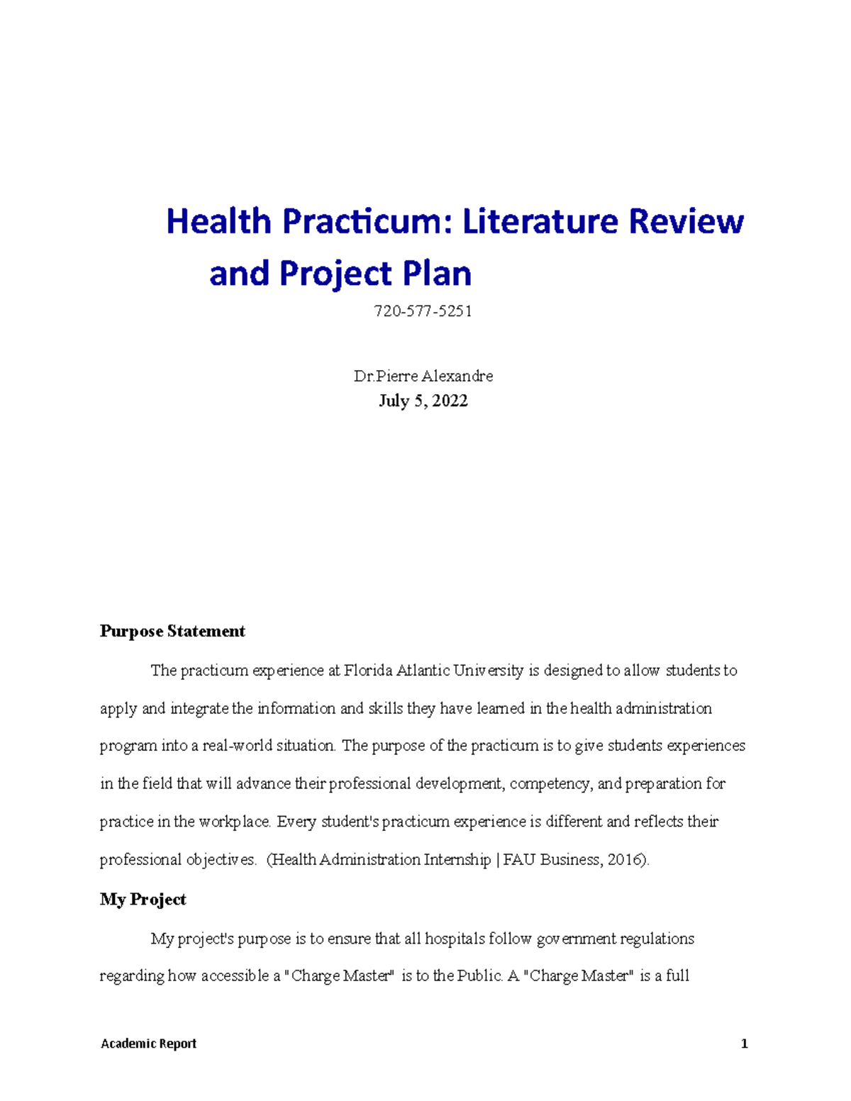 Health Practicum: Literature Review and Project Plan 1 - Health ...
