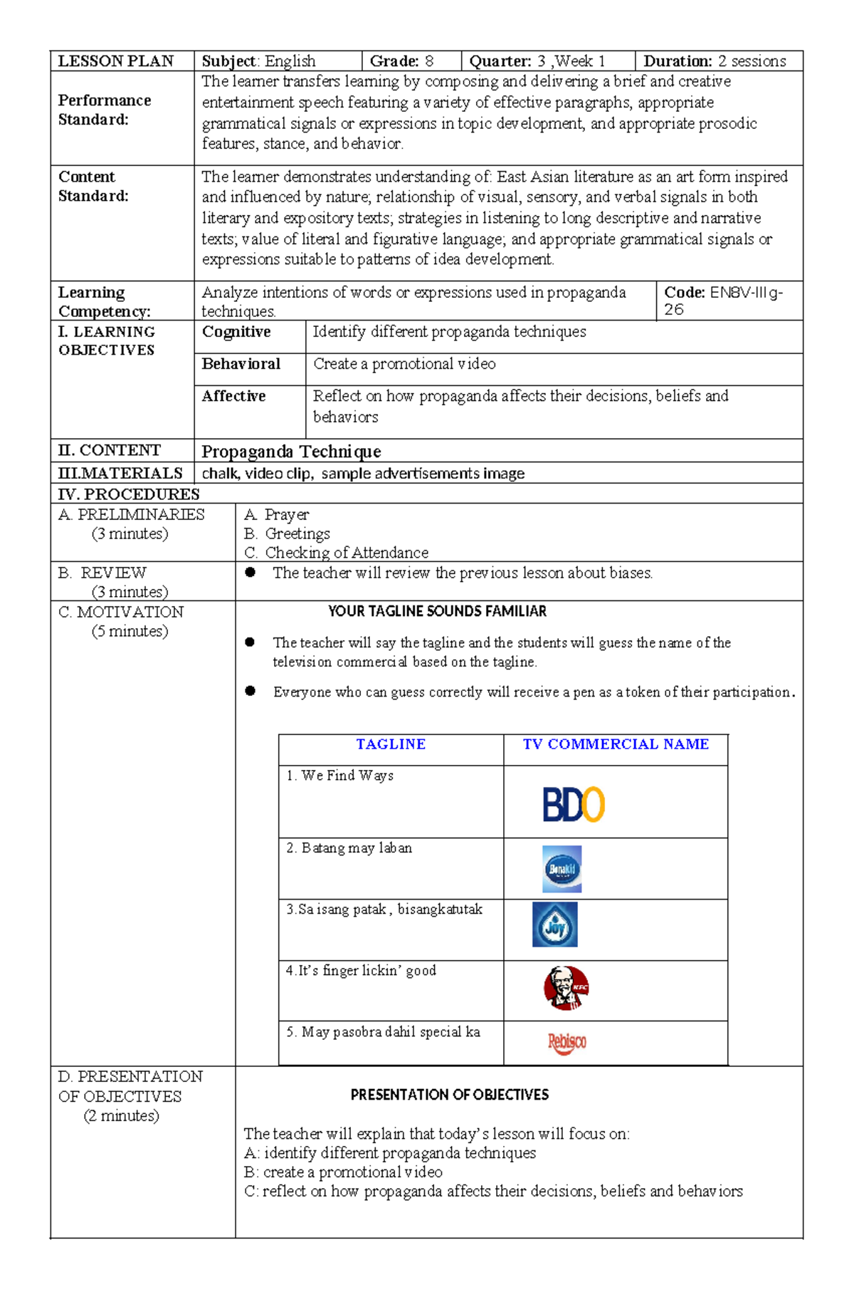 Grade 8 lp-propaganda technique - LESSON PLAN Subject: English Grade: 8 ...