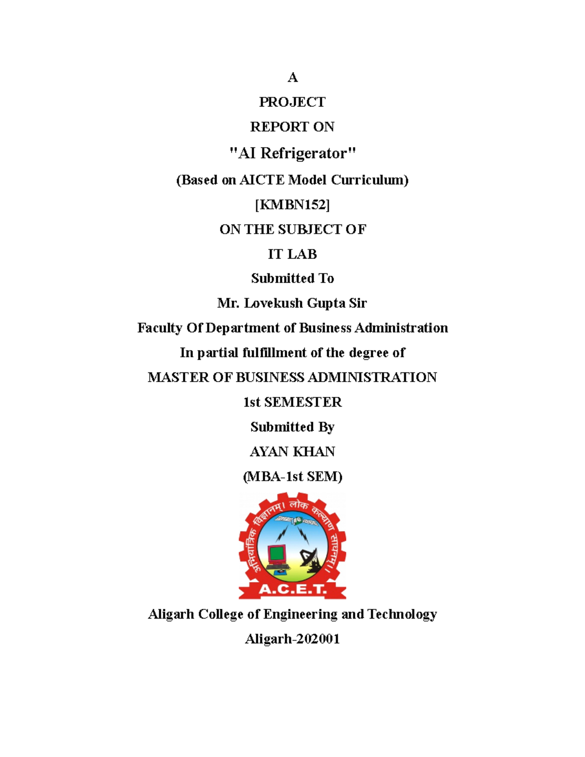 IT FILE PROJECT - A PROJECT REPORT ON "AI Refrigerator" (Based on AICTE ...