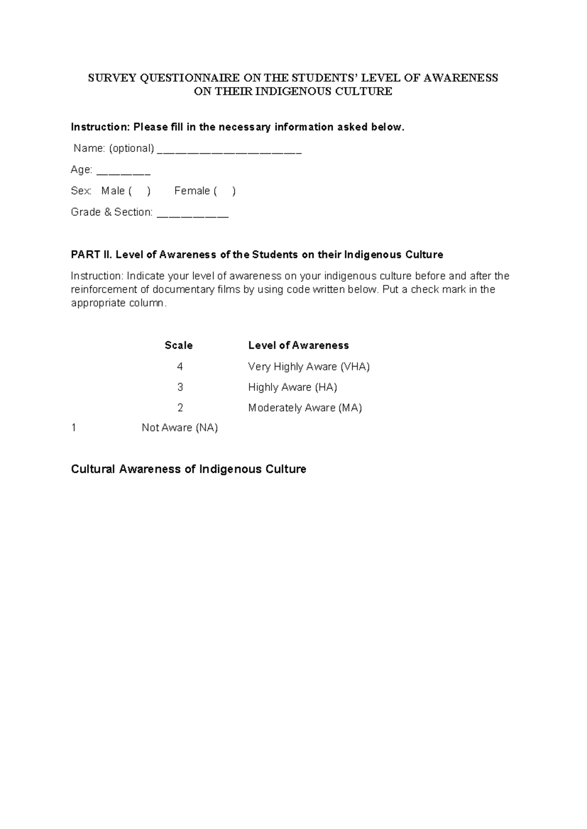 Survey Questionnaire for Research - SURVEY QUESTIONNAIRE ON THE ...