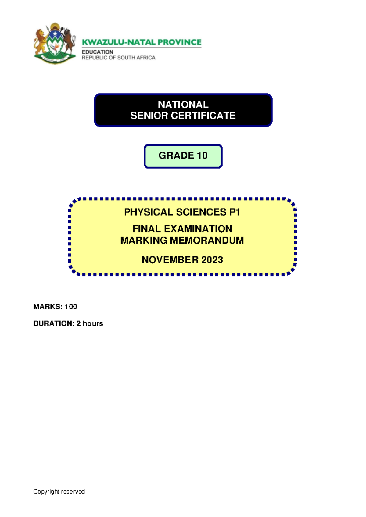 Physical Science Grade 10 November 2023 P1 Memo Verified - MARKS: 100 ...