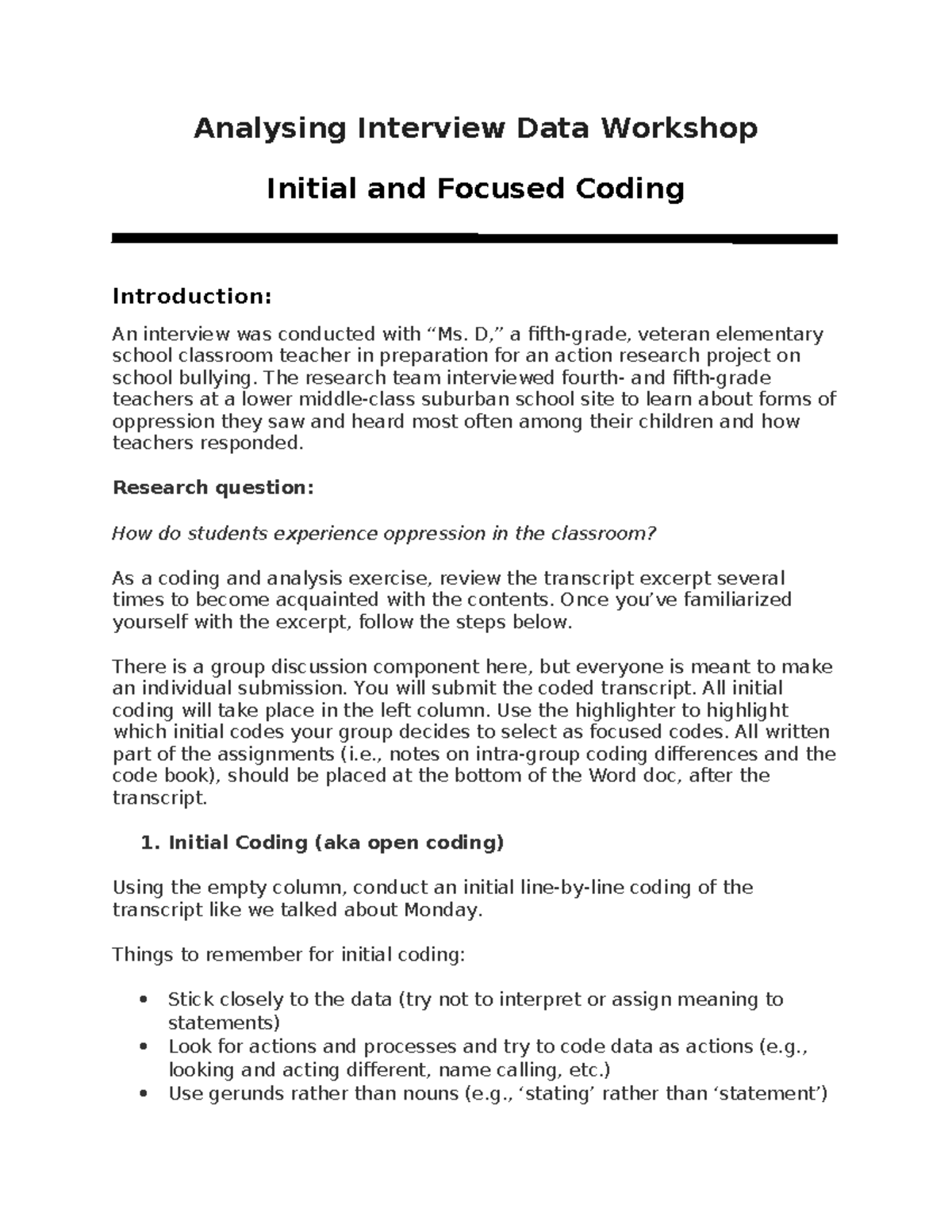 Coding Workshop Exercise Sheet - Analysing Interview Data Workshop Initial and Focused Coding ...