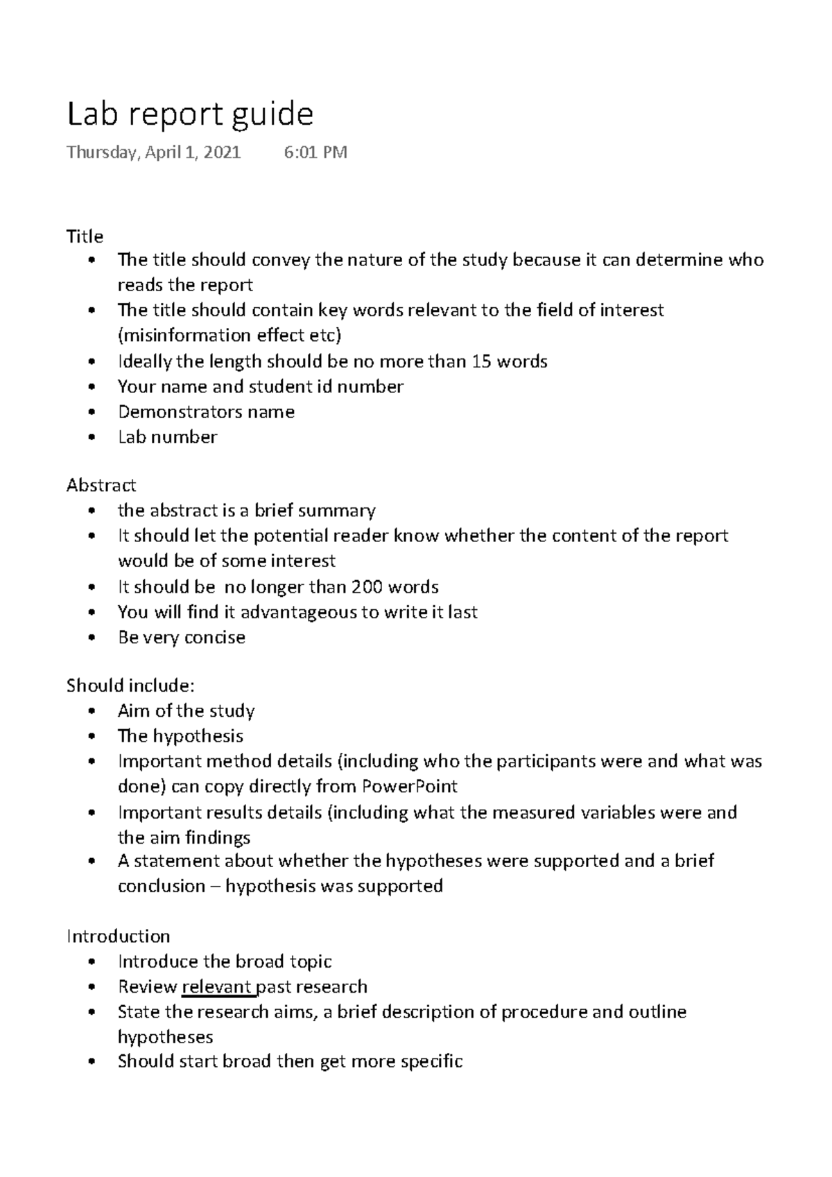 Lab report guide PSYC111 - Title The title should convey the nature of ...