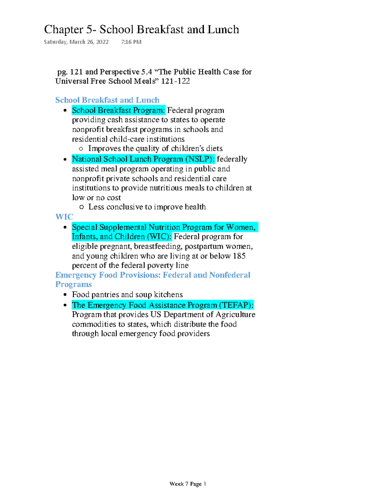 Chapter 5- School Breakfast and Lunch - pg. 121 and Perspective 5 “The ...