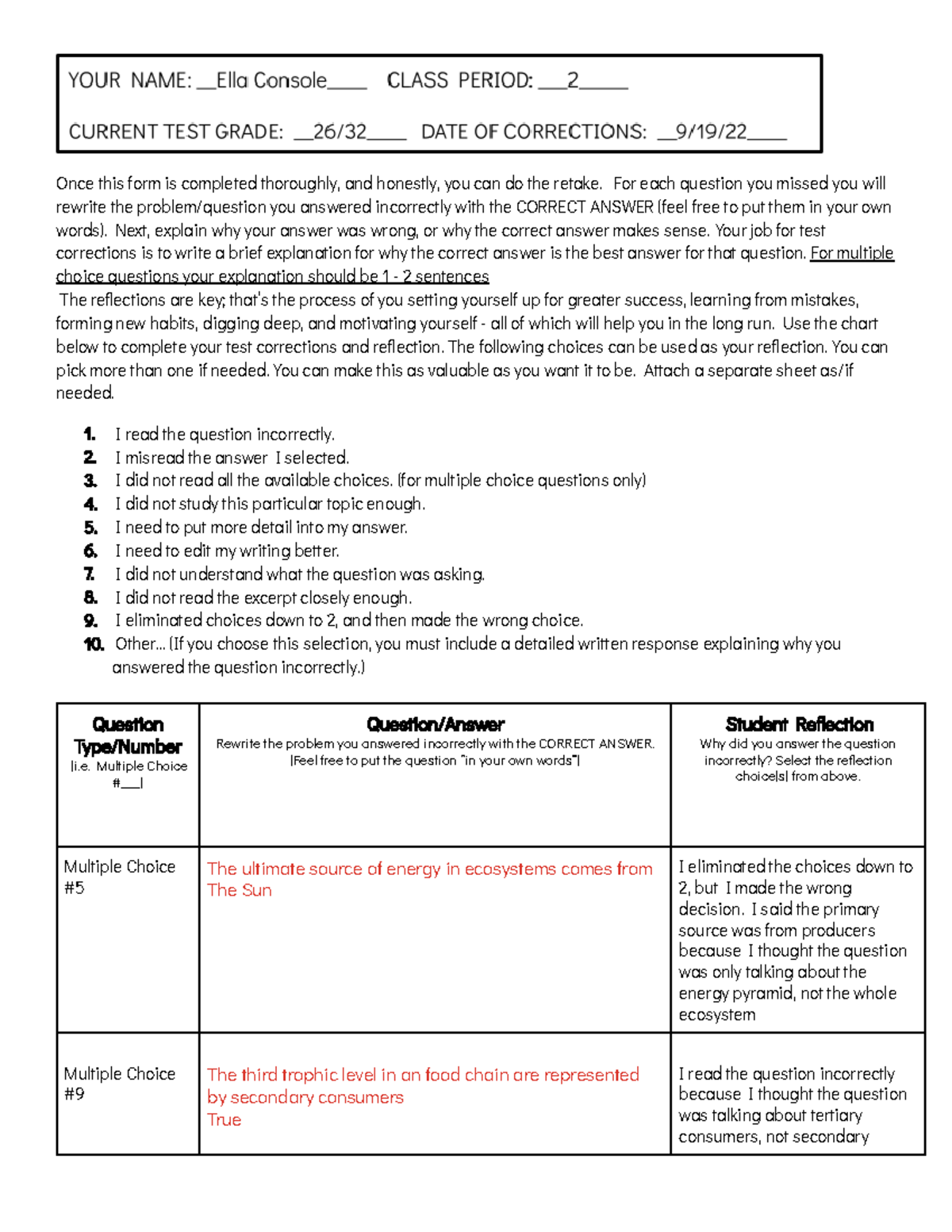 Ella Console - Copy of Test corrections and reflection process - Once ...