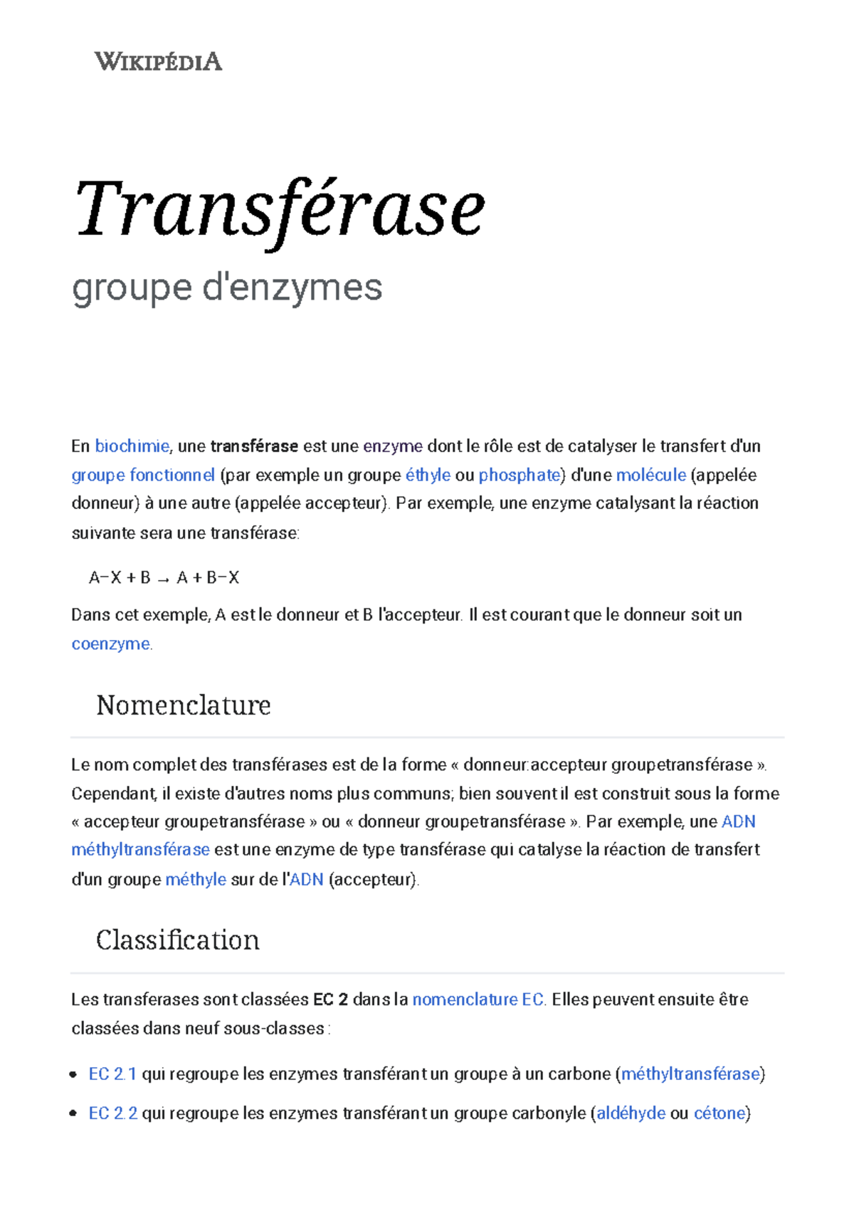 Transférase — Wikipédia - Transférase groupe d'enzymes En biochimie ...