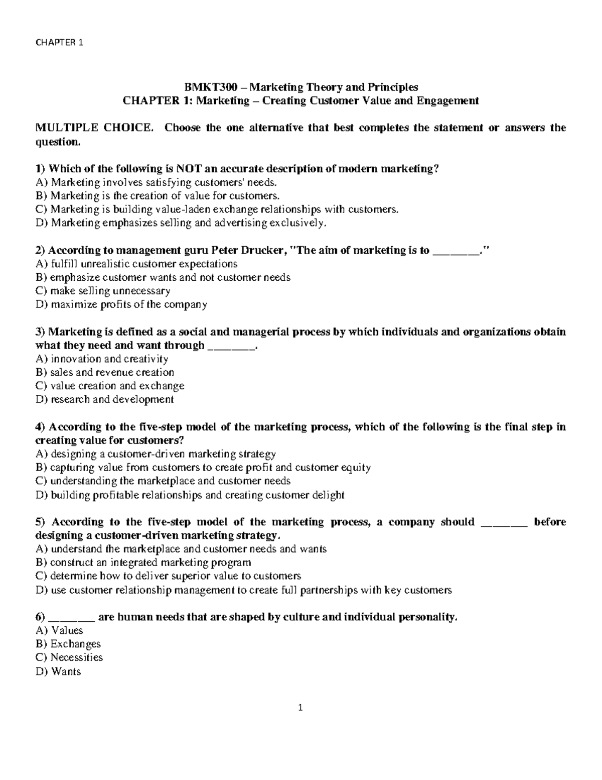 BMKT300 Chapter 1 Marketing Creating Customer Value and Engagement ...