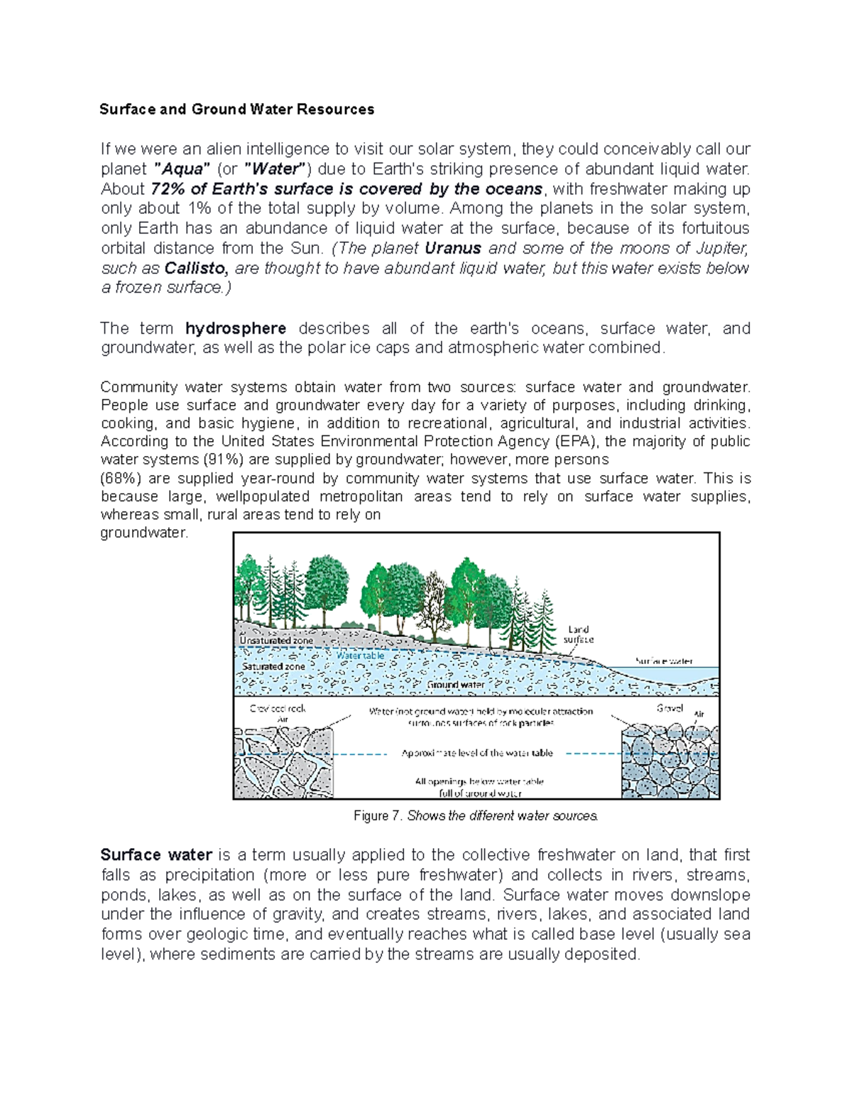 Surface and Ground Water Resources - About 72% of Earth's surface is ...