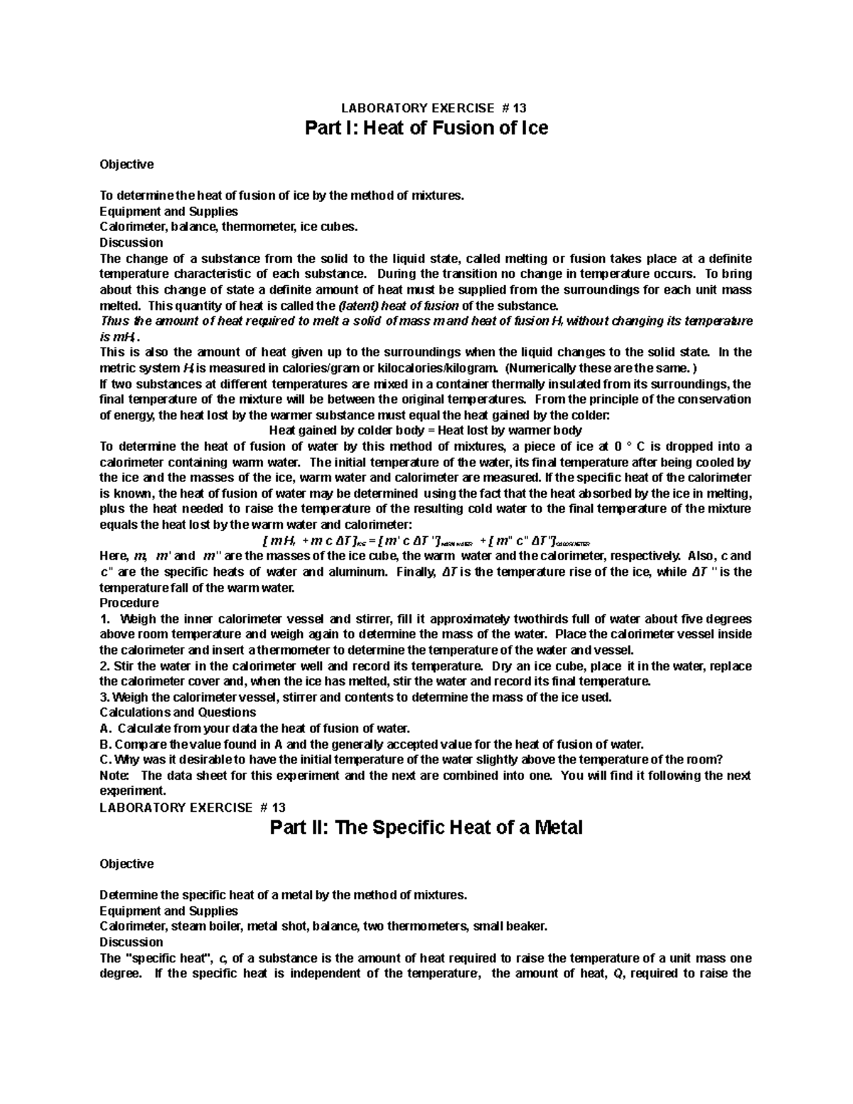 Laboratory Exercise # 13 - LABORATORY EXERCISE # 13 Part I: Heat of ...