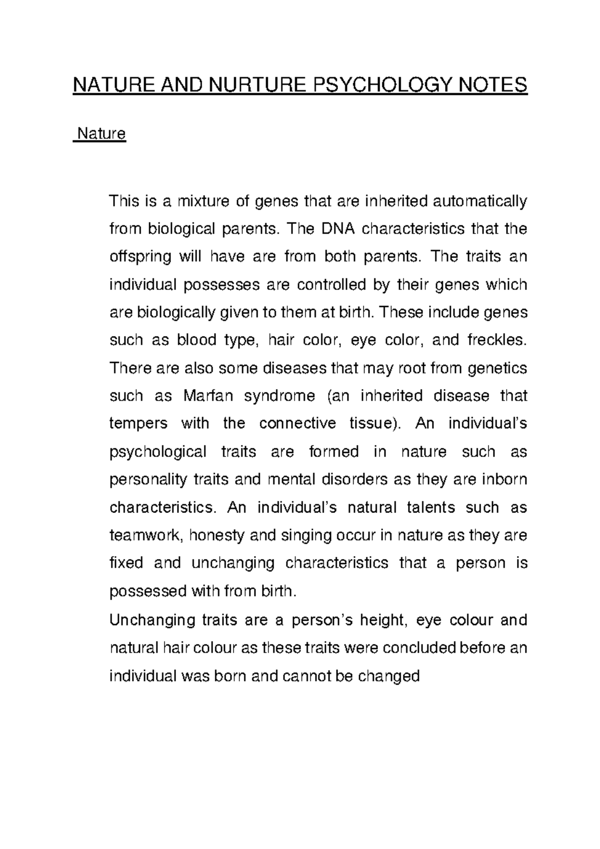 Nature and Nurture Psychology Notes - NATURE AND NURTURE PSYCHOLOGY ...