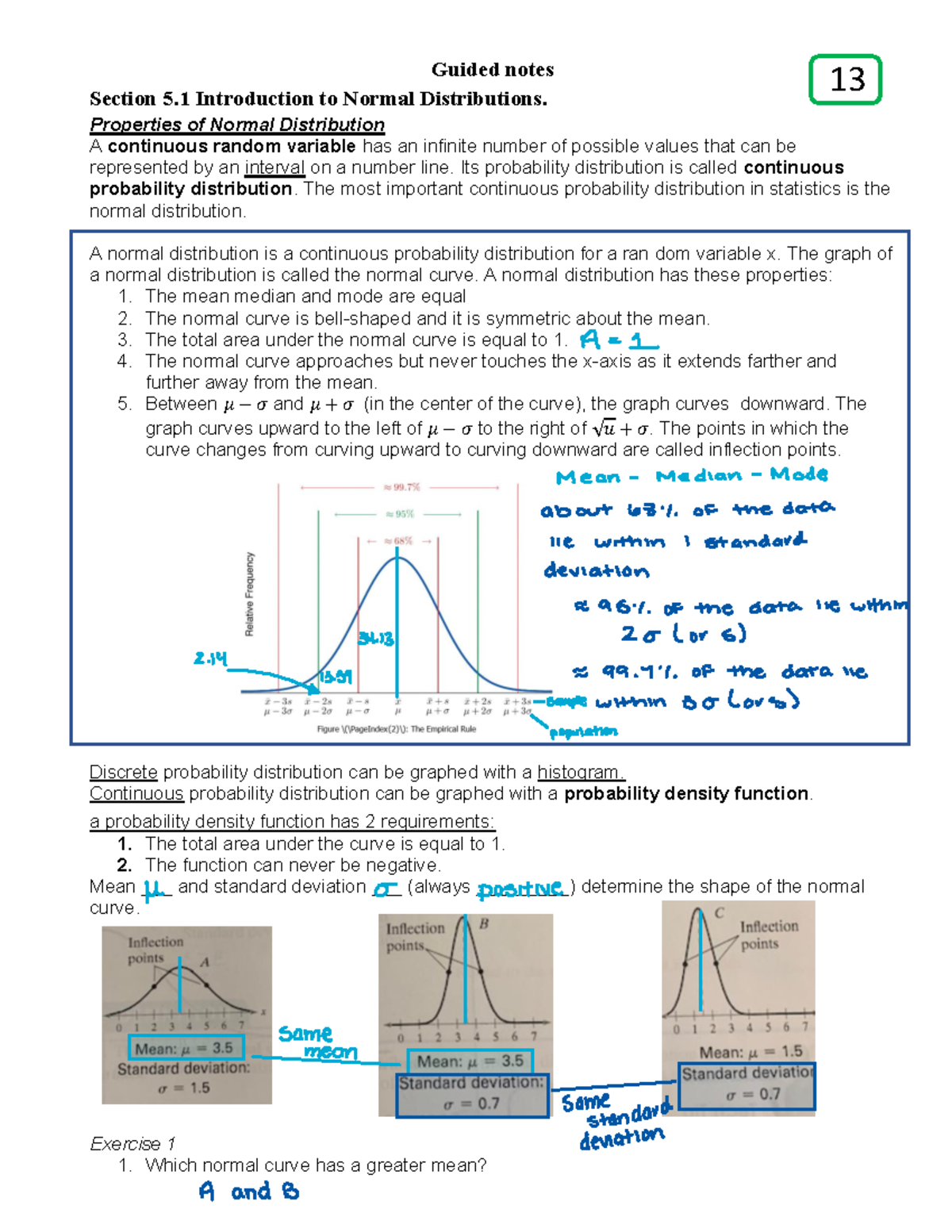 Lesson 13 (Exam 3) - Guided notes Section 5 Introduction to Normal ...