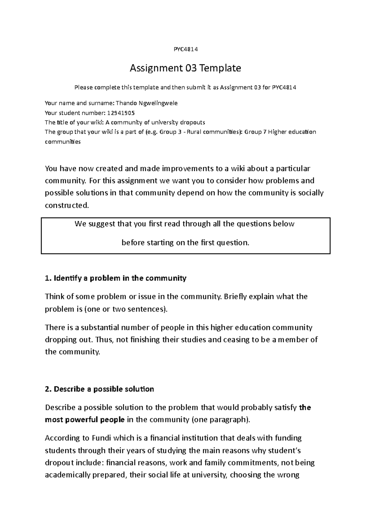Assignment 03 PYC4814 - PYC Assignment 03 Template Please complete this template and then submit ...