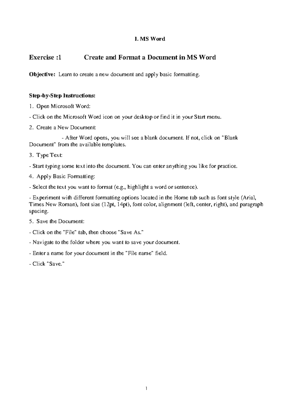 Professional Develop with op pg - I. MS Word Exercise : 1 Create and ...