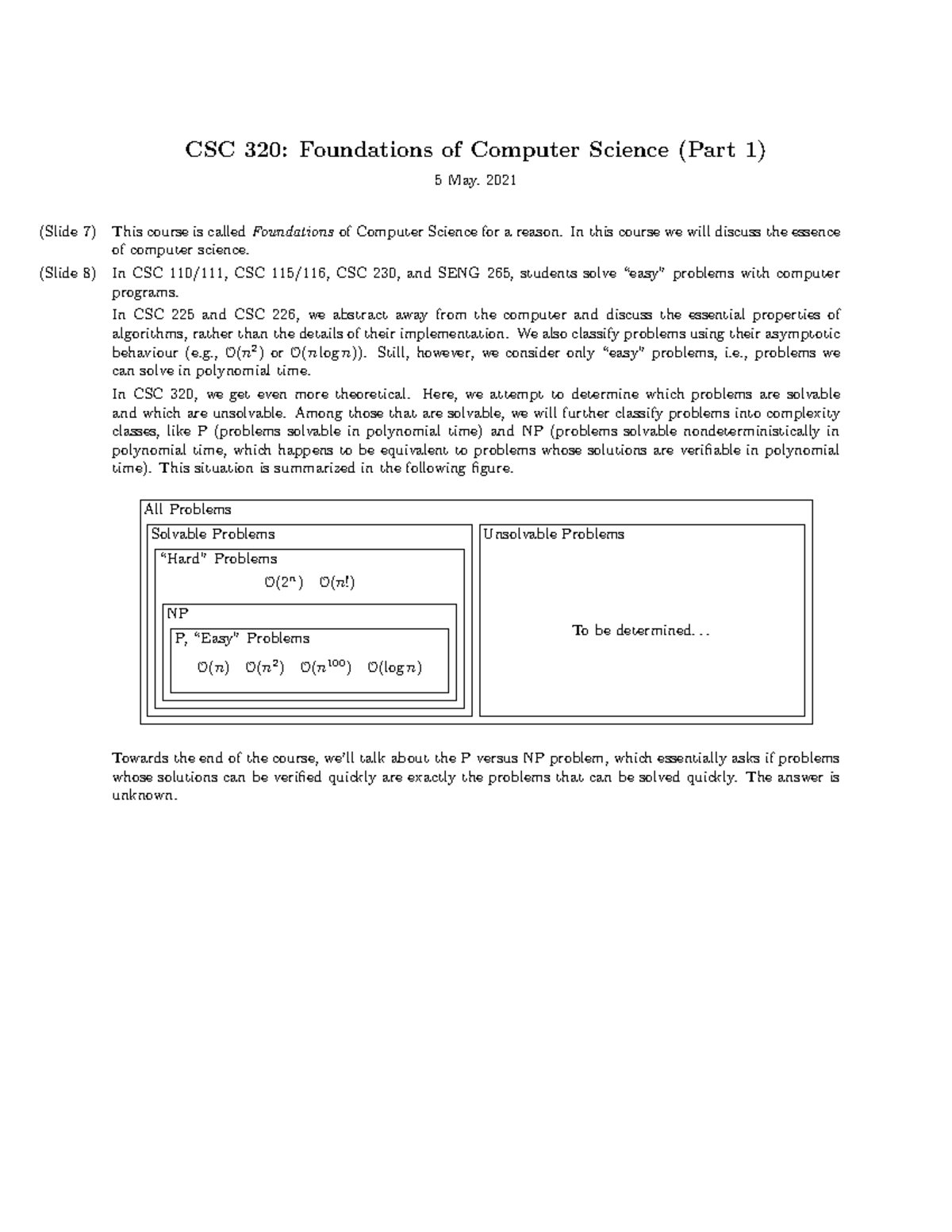 Lecture 01 notes 1 - CSC 320: Foundations of Computer Science (Part 1 ...