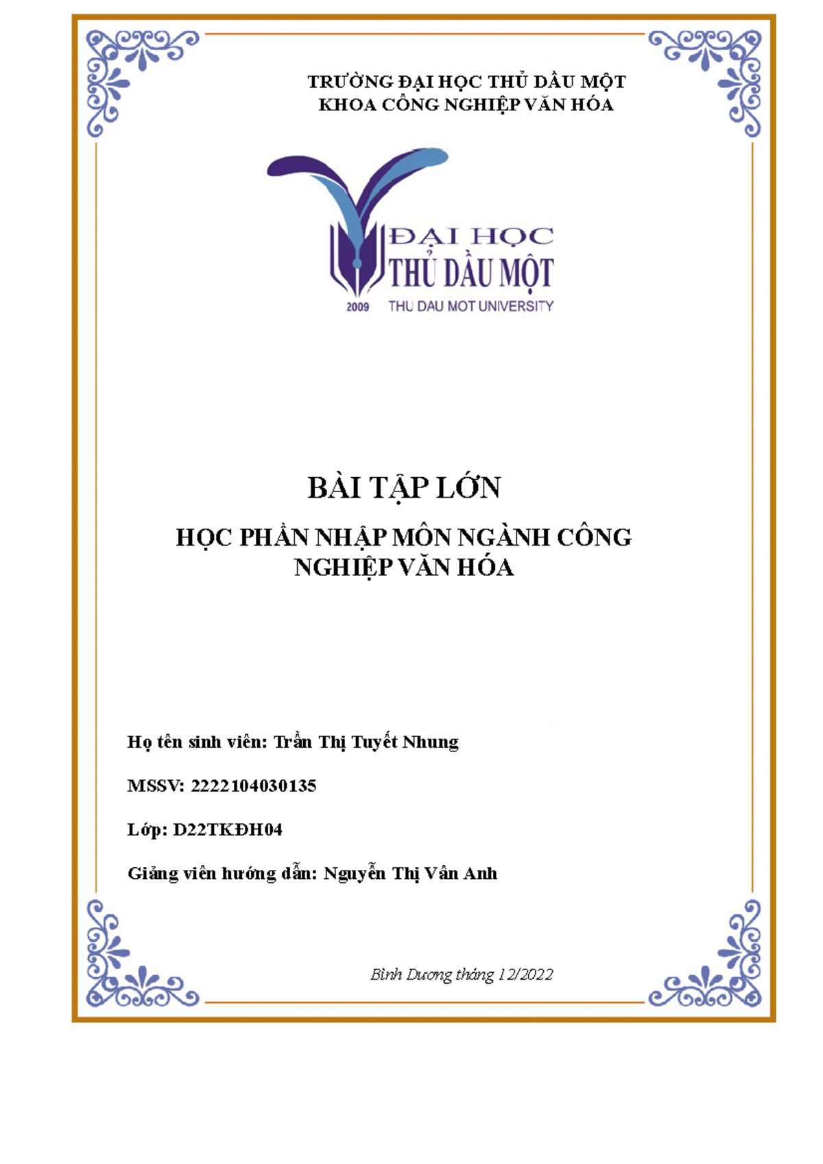 TRAN THI Tuyet Nhung 2222104030135 D22TKĐH04 - Bình Dương tháng 12 ...