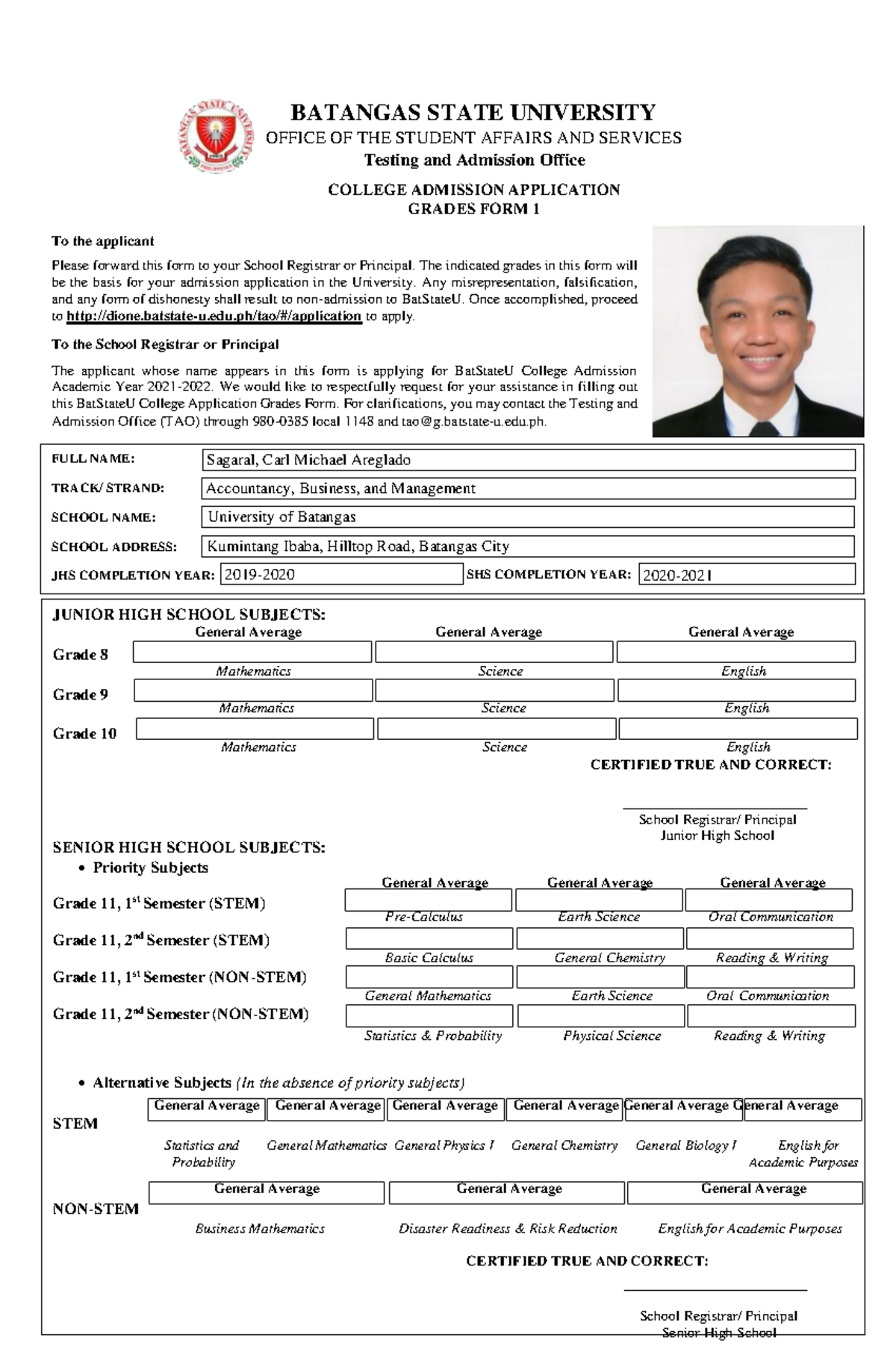 Bat State U College Application Grades Form Regular Admission - Sagaral ...