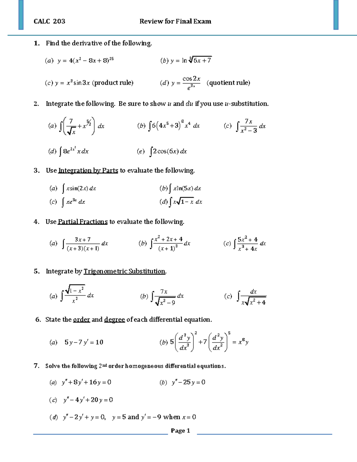 9 - Review for Final Exam - CALC 203 Review for Final Exam Page 1 1 ...