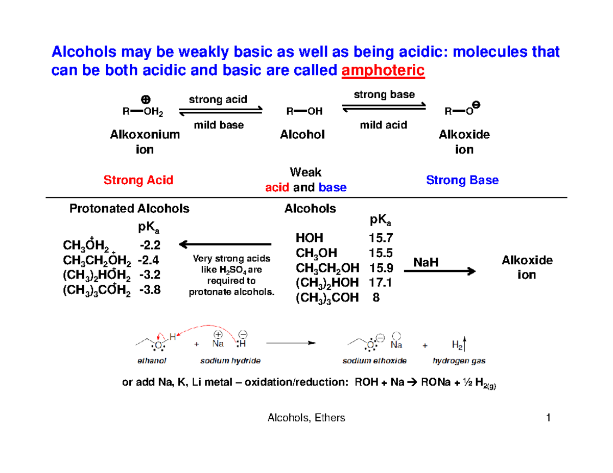7 Alcohols and Ethers - Alcohols may be weakly basic as well as being ...