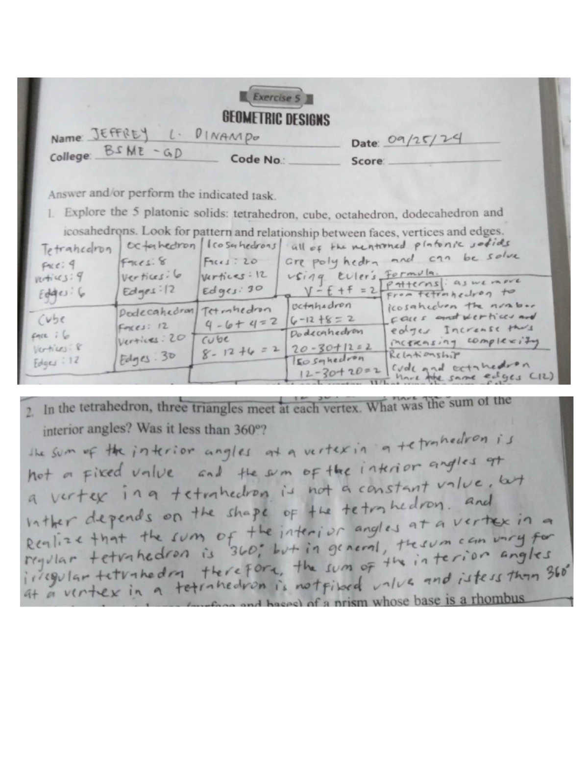 Exercise 5 Ge-4 - math ge 4 - Exercise 5 GEOMETRIC DESIGNS Name: JEFFREY L. DINAMPO Date ...