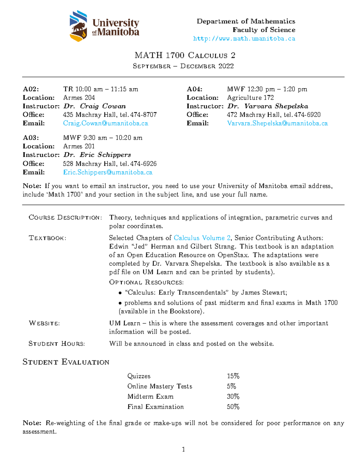 1700 F22 syllabus - Tutorial - Department of Mathematics Faculty of Science math.umanitoba MATH ...