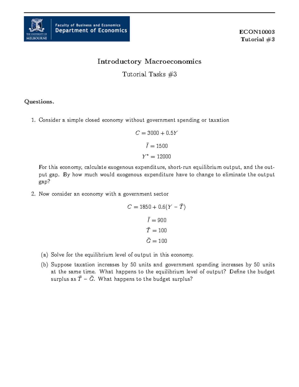 Tutorial Tasks 3 Econ Tutorial Introductory Macroeconomics Tutorial Tasks Questions