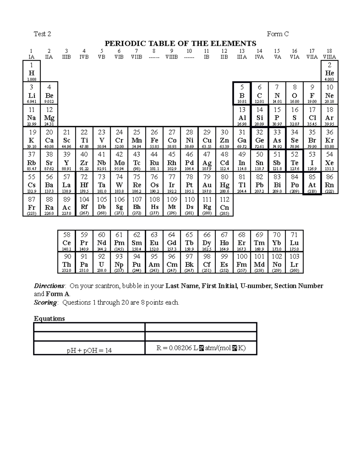 Test+2+Form+C+Answers - PERIODIC TABLE OF THE ELEMENTS 1 IA 2 IIA 3 ...