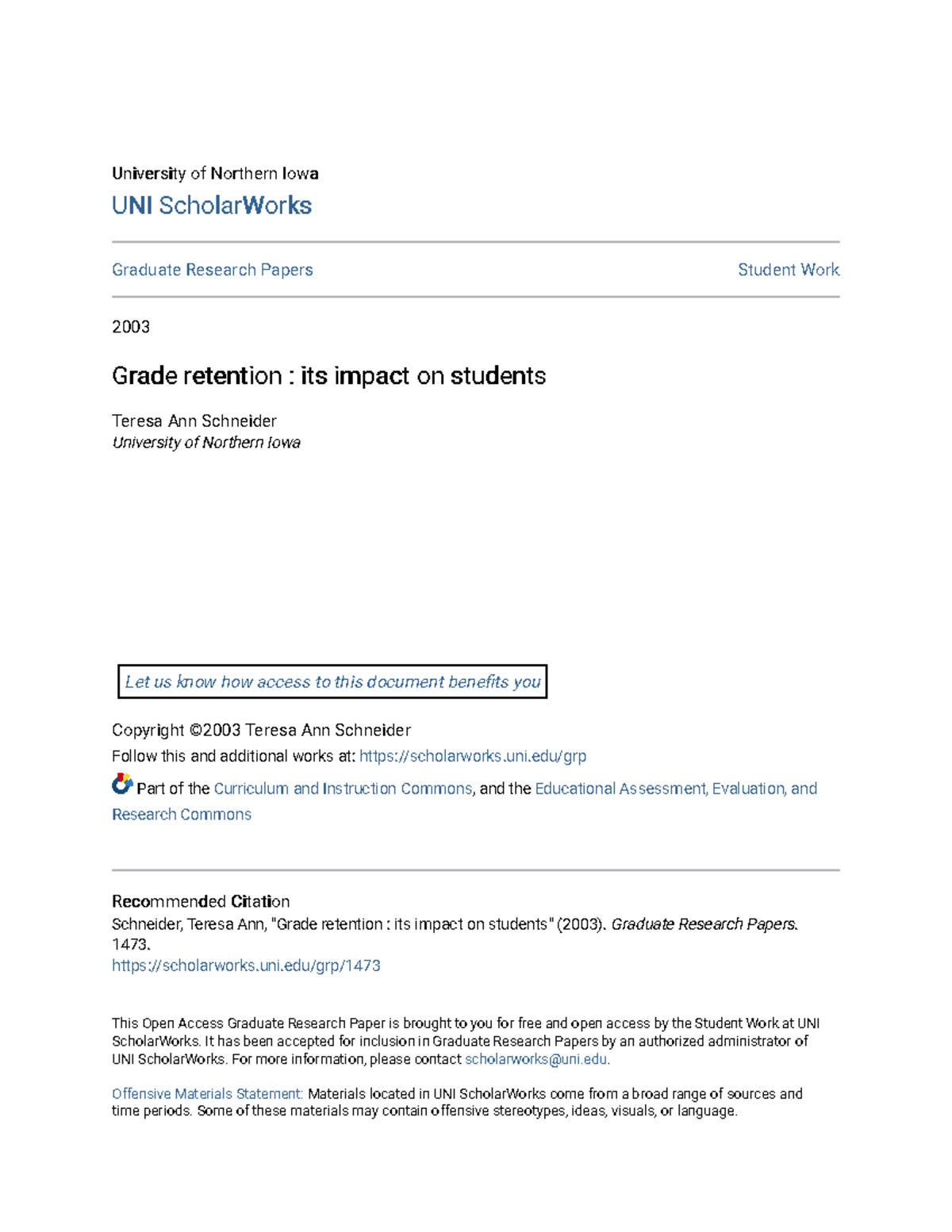 Grade retention its impact on students - University of Northern ...