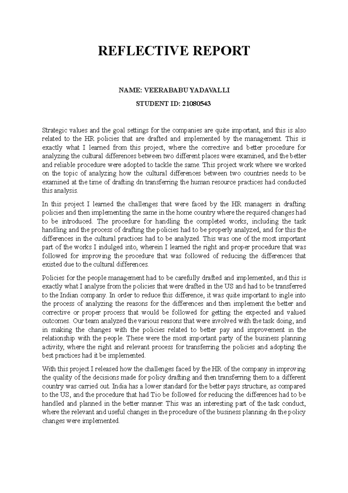 Refelction - Reflection - REFLECTIVE REPORT NAME: VEERABABU YADAVALLI ...