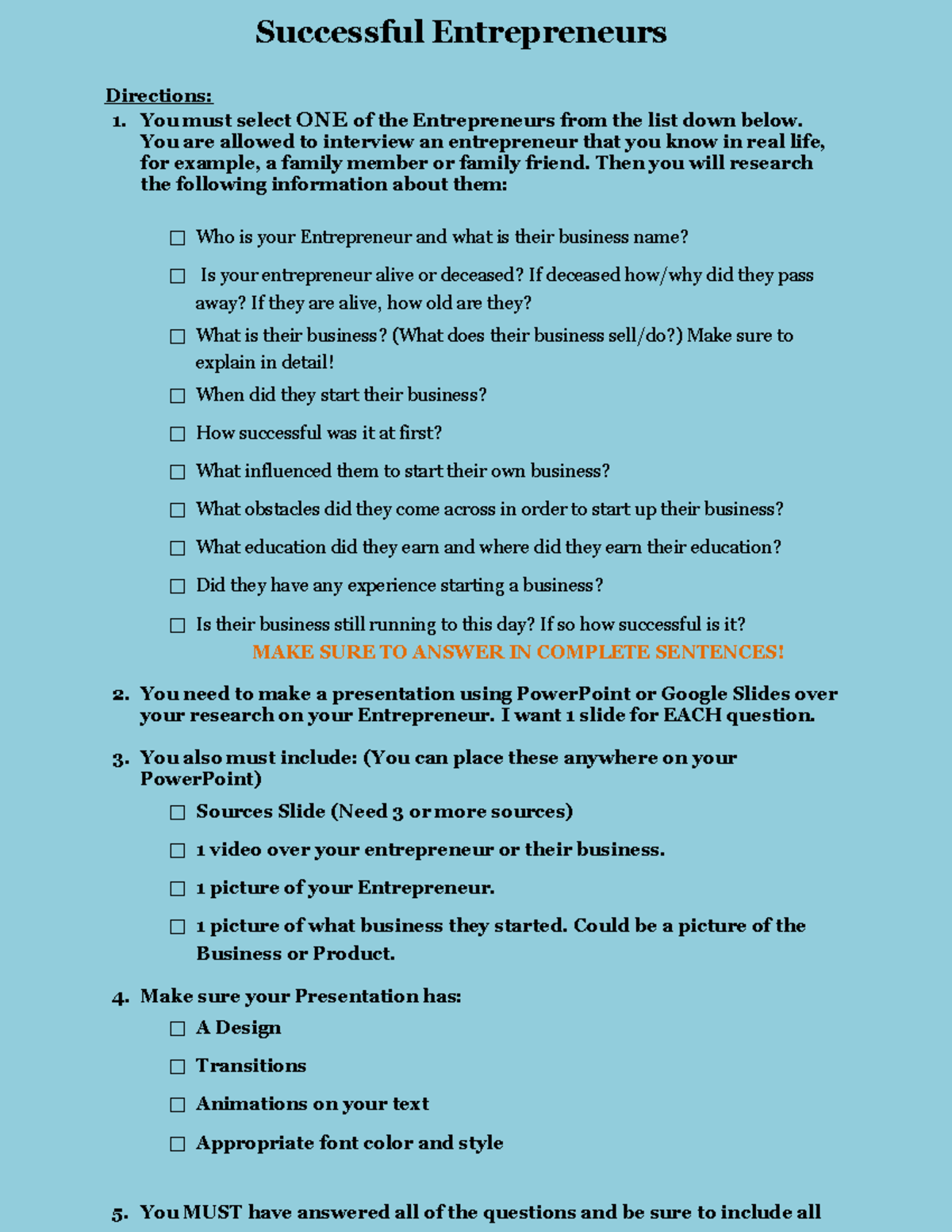 Successful Entrepreneurs Project - Successful Entrepreneurs Directions ...