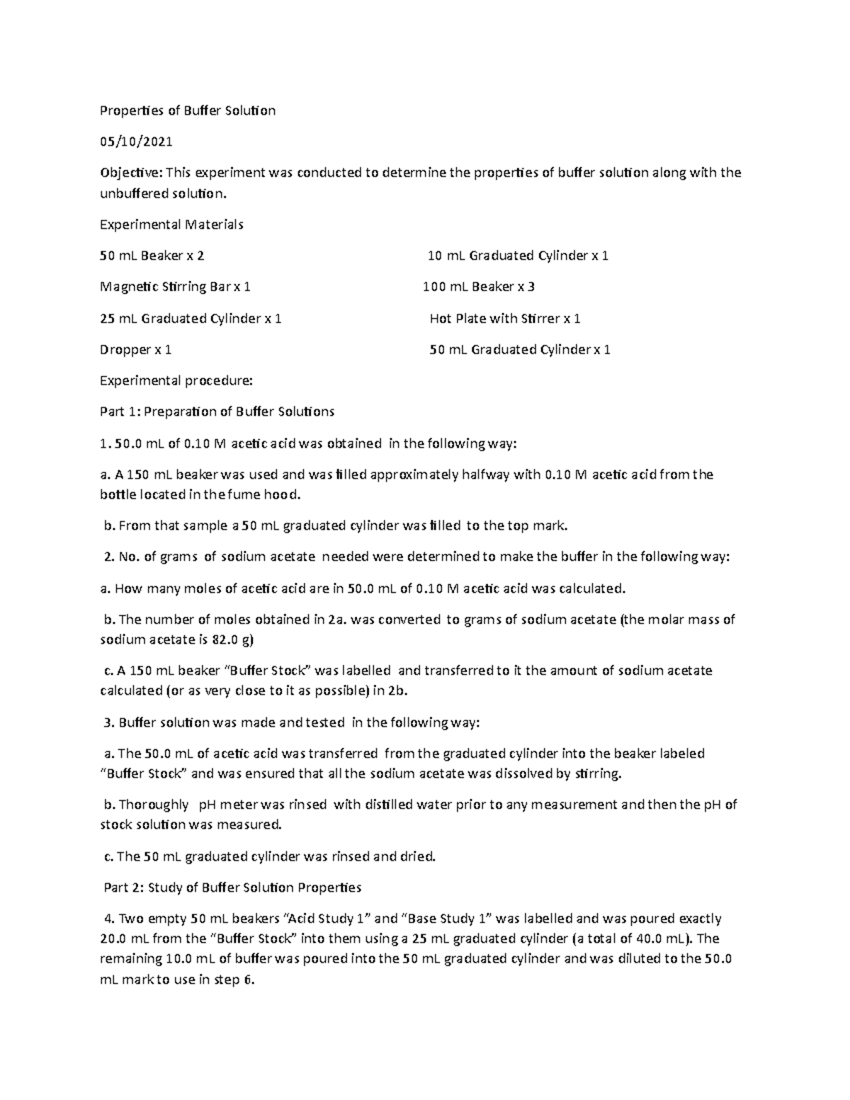 Chemistry lab 6 - This experiment was conducted to determine the buffer ...
