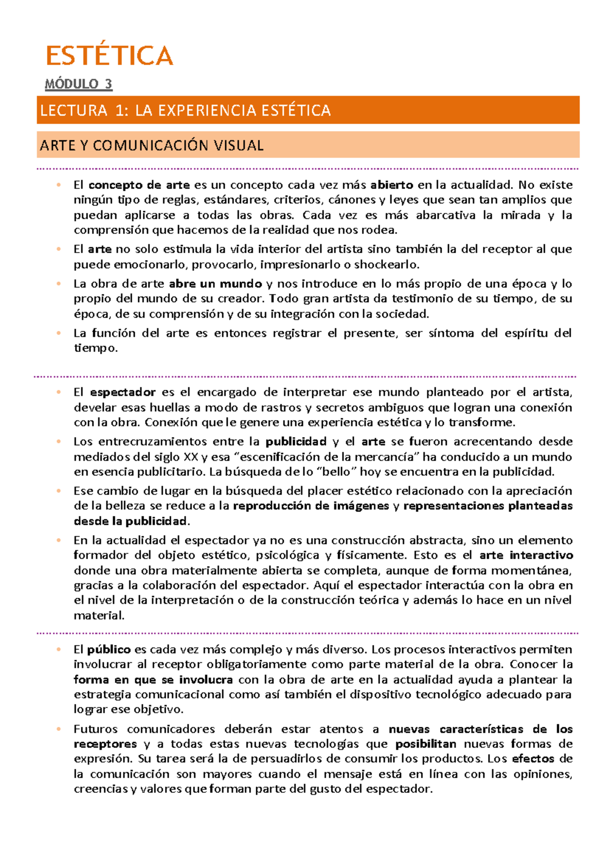 Estetica Resumen M3 y M4 - LECTURA 1: LA EXPERIENCIA ESTÉTICA ARTE Y ...