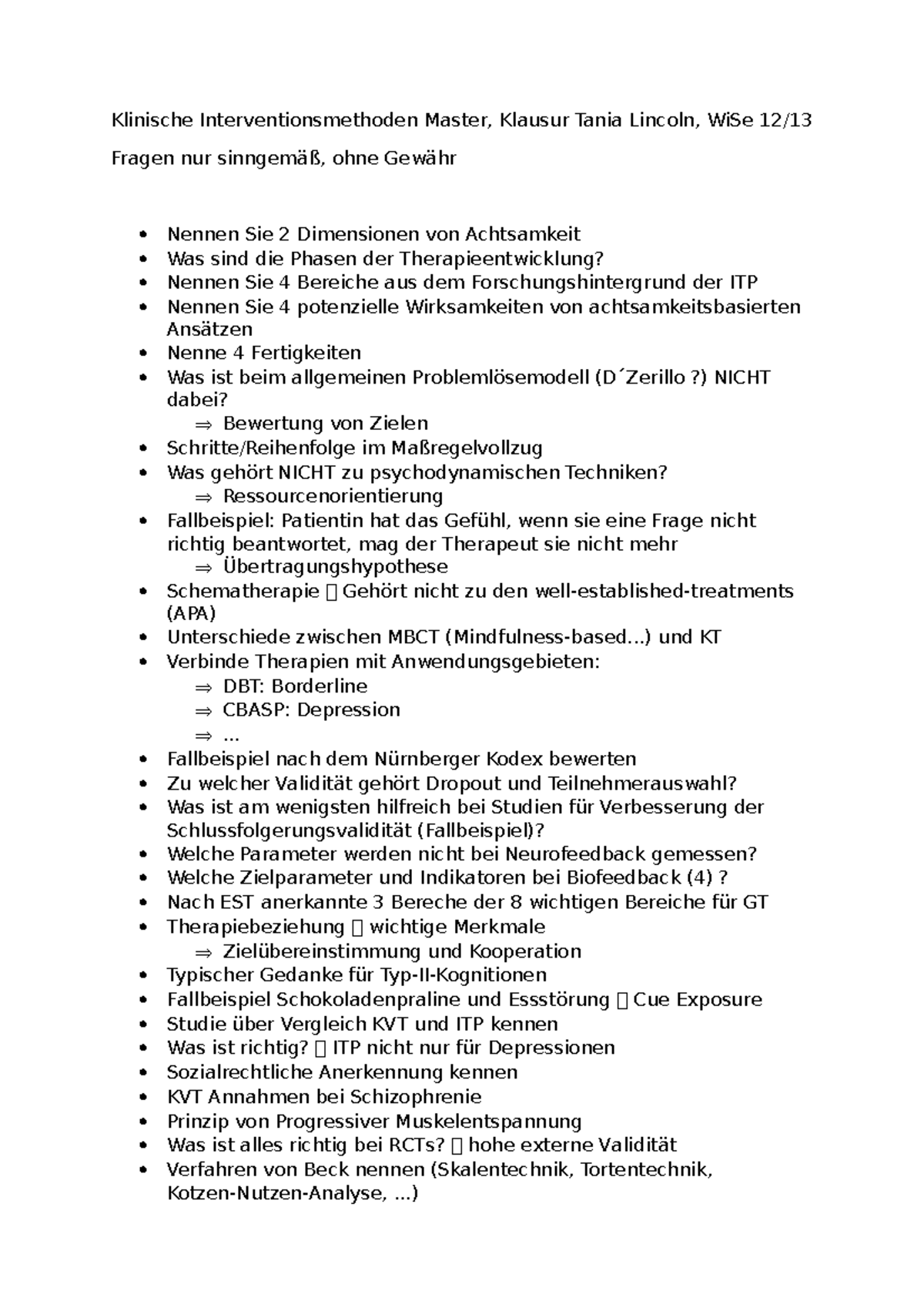 Klausur Februar 2013, Aufgaben - Gedächtnisprotokoll - Klinische Interventionsmethoden Master ...