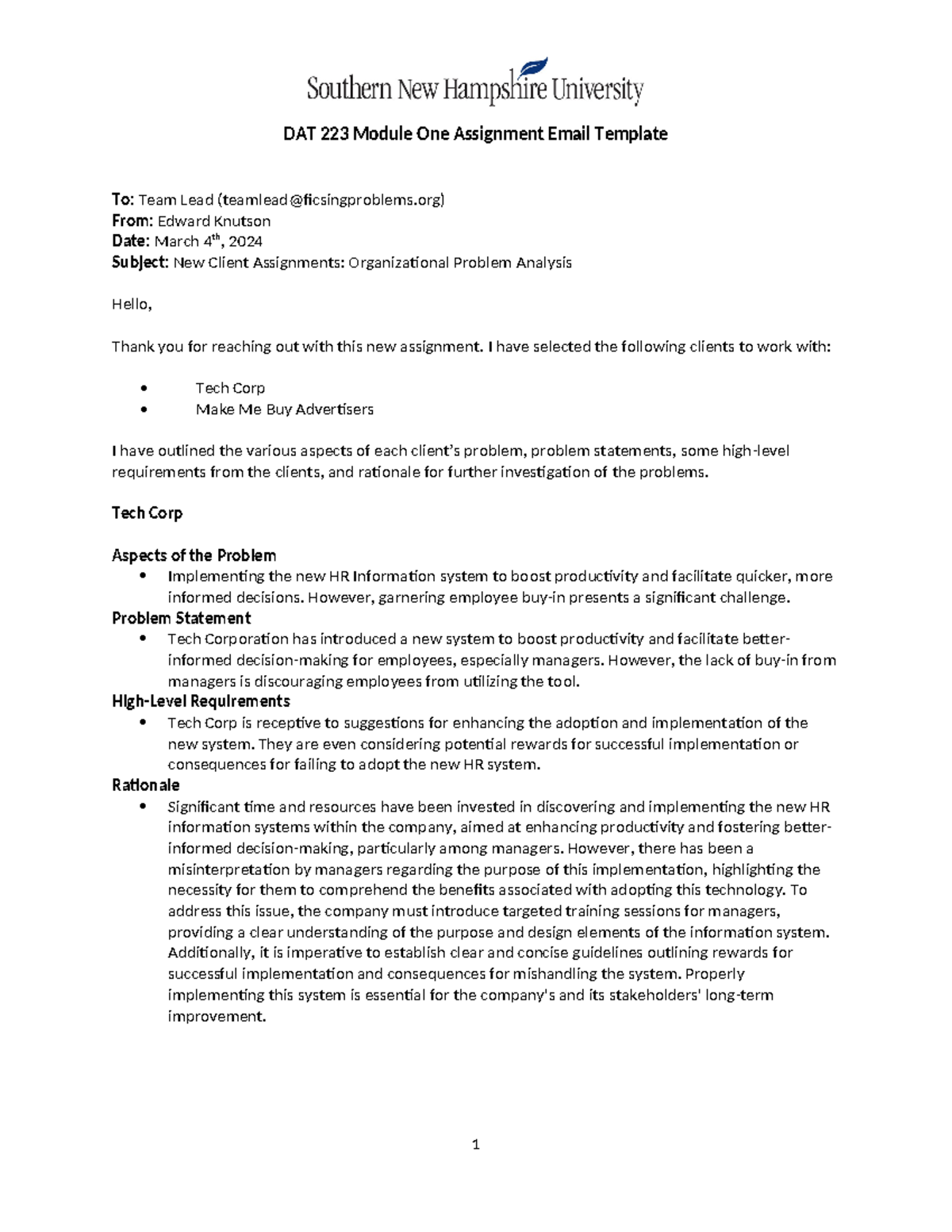 Dat 223 Module One Assignment Email I Have Selected The Following Clients To Work With Tech 