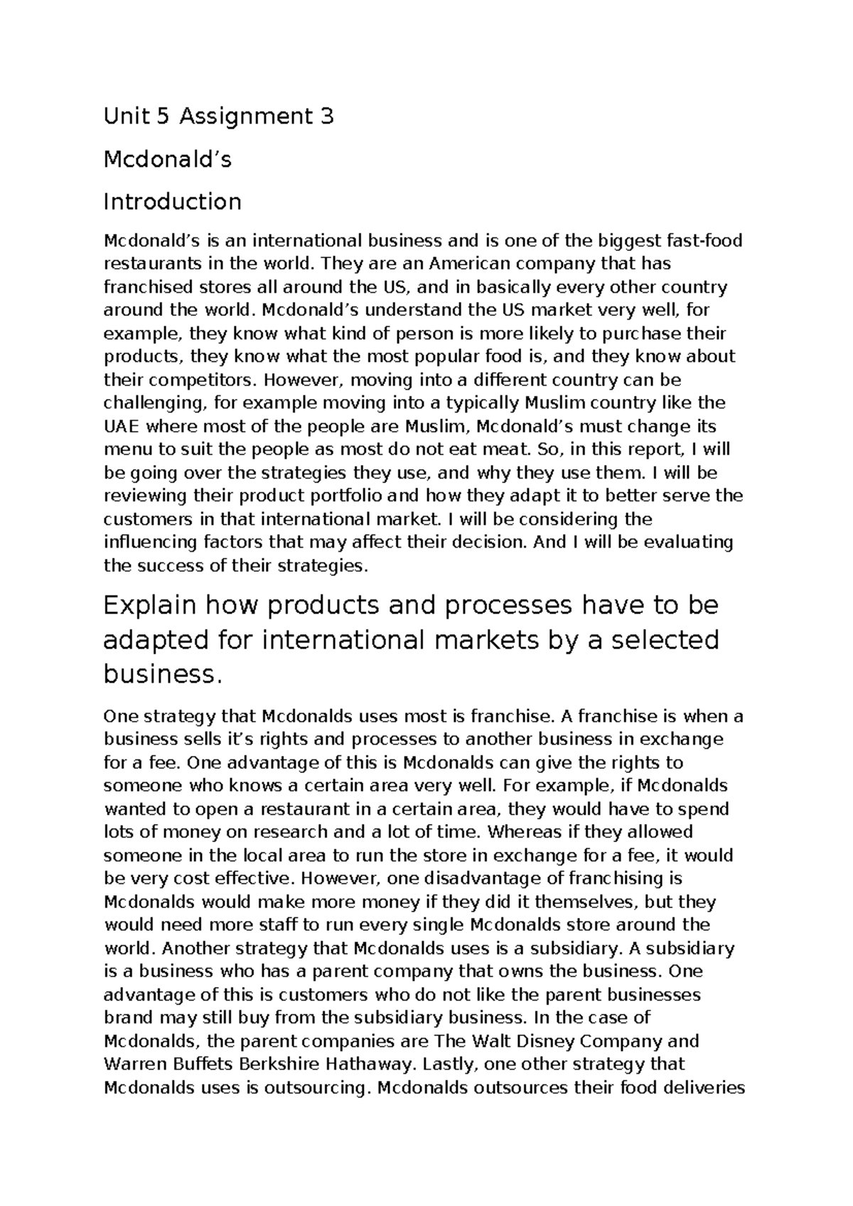 Unit 5 assignment 3 - Unit 5 Assignment 3 Mcdonald’s Introduction ...